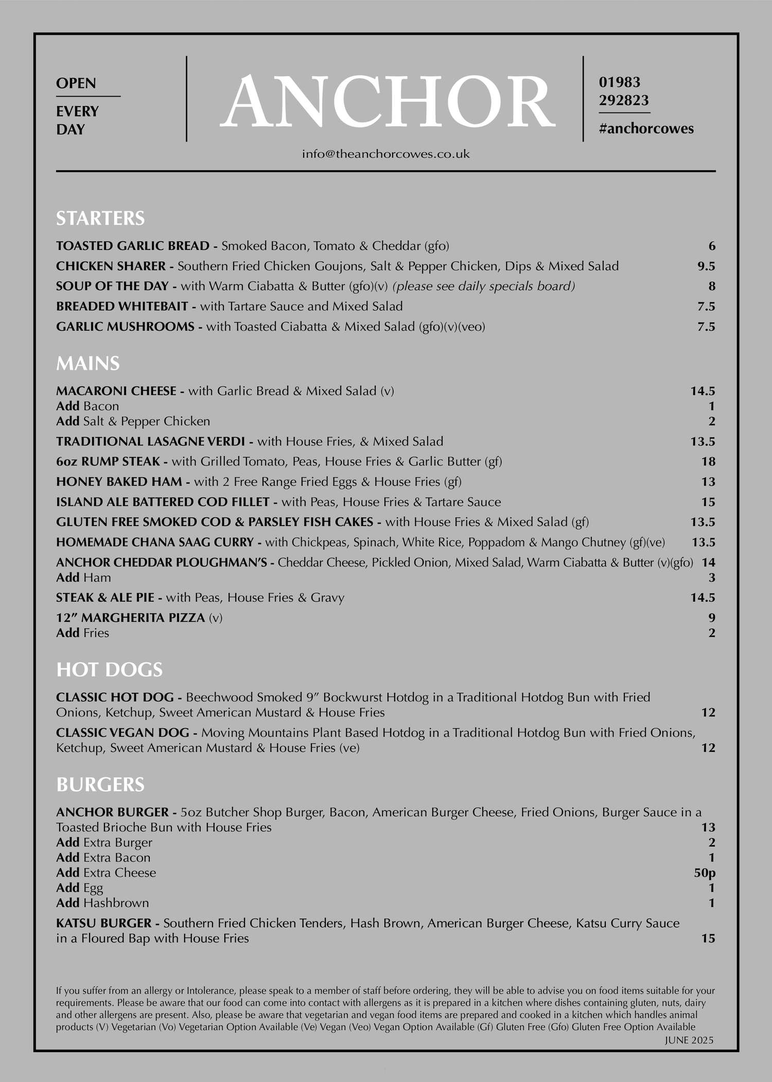 Main Menu — The ANCHOR Inn