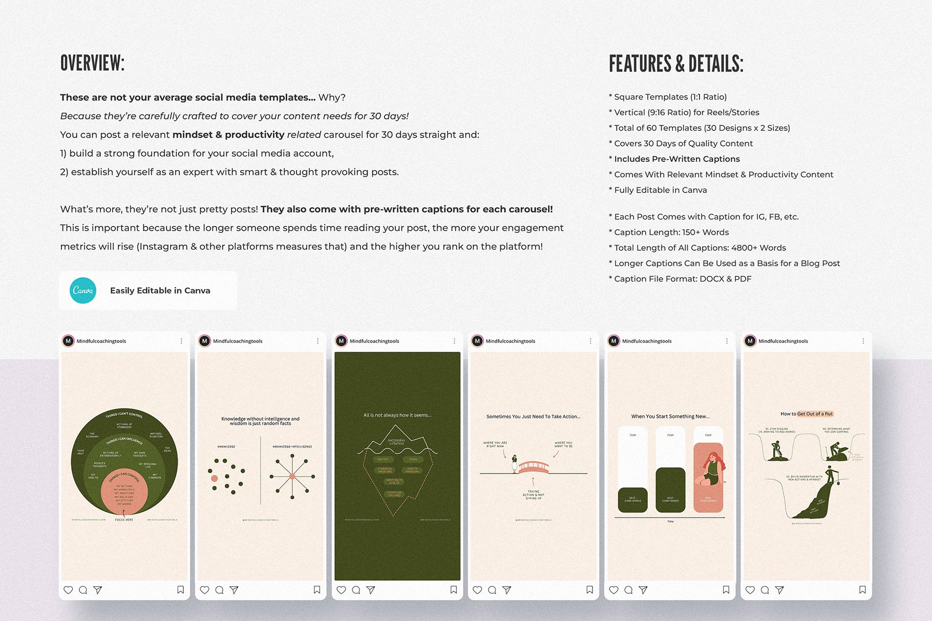Mindset and Productivity Instagram Templates — Mindful Coaching Tools