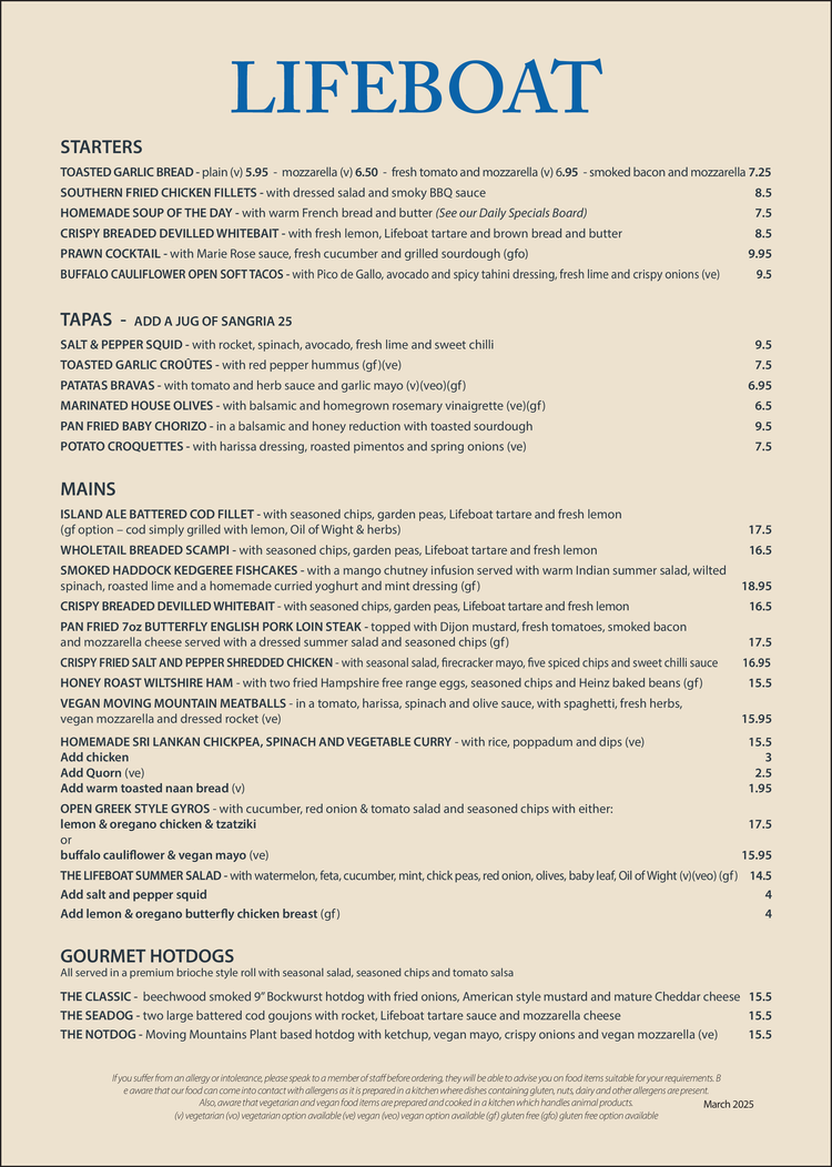 Main Menu — The LIFEBOAT - East Cowes