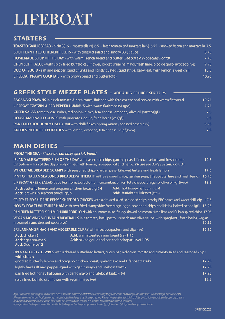 Main Menu — The LIFEBOAT - East Cowes