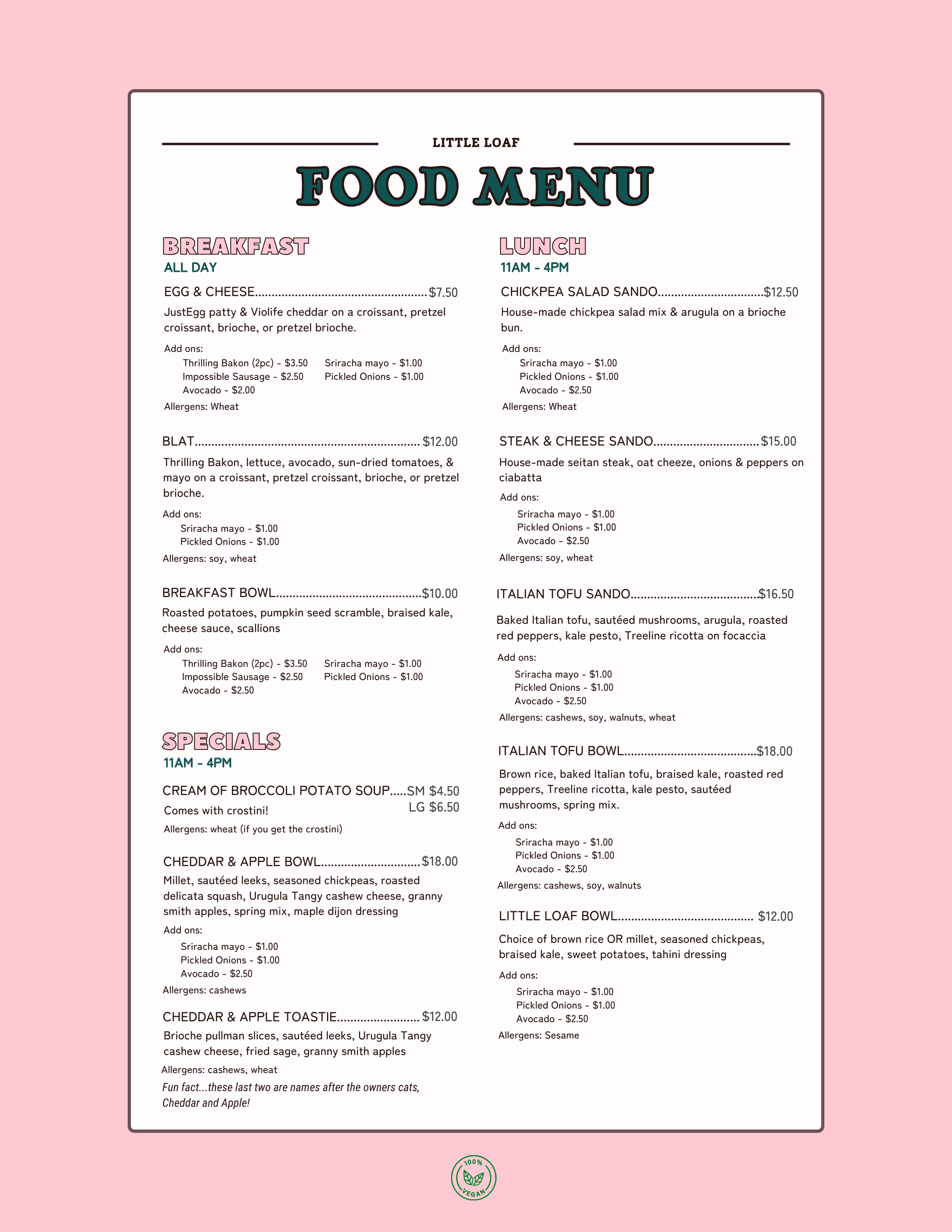 New Paltz Food Menu — little loaf bakeshop