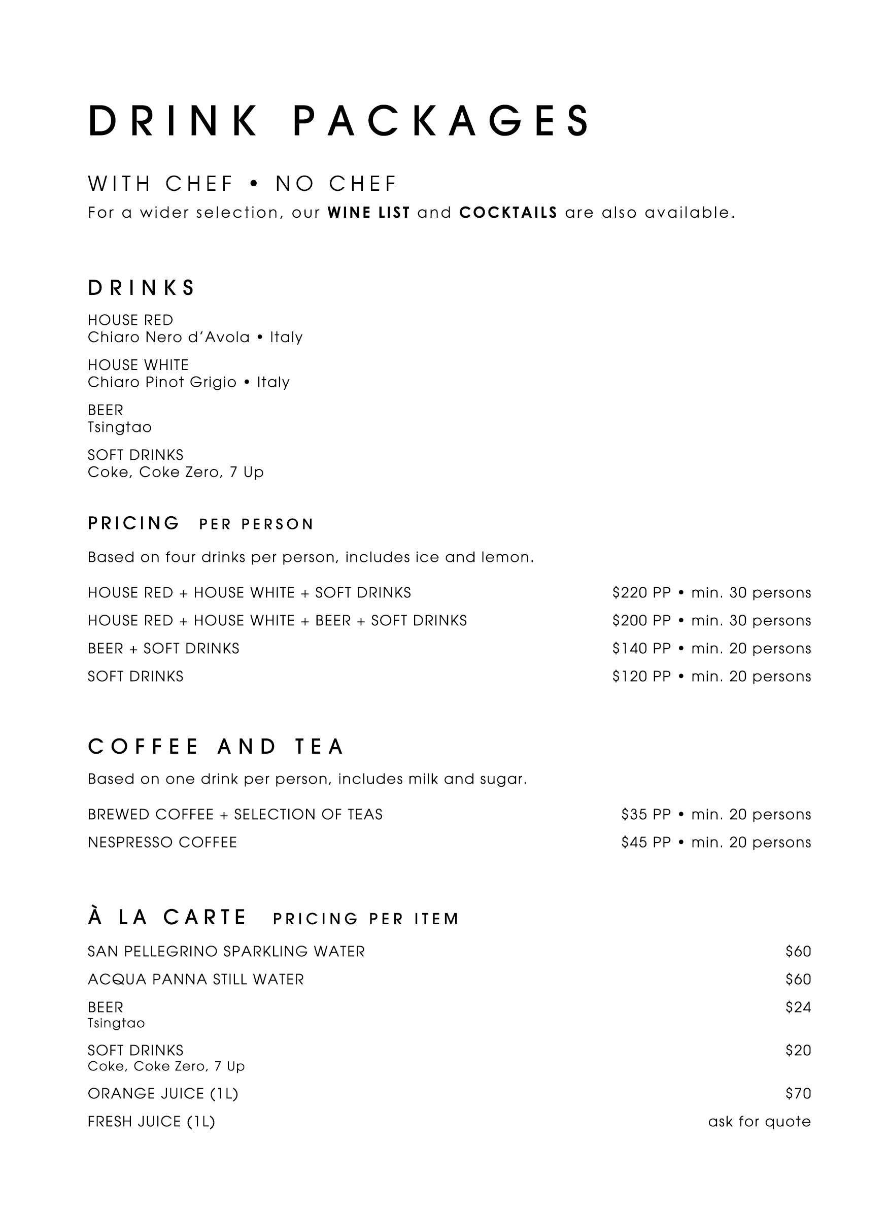 Drinks Packages - Catering — Gingers