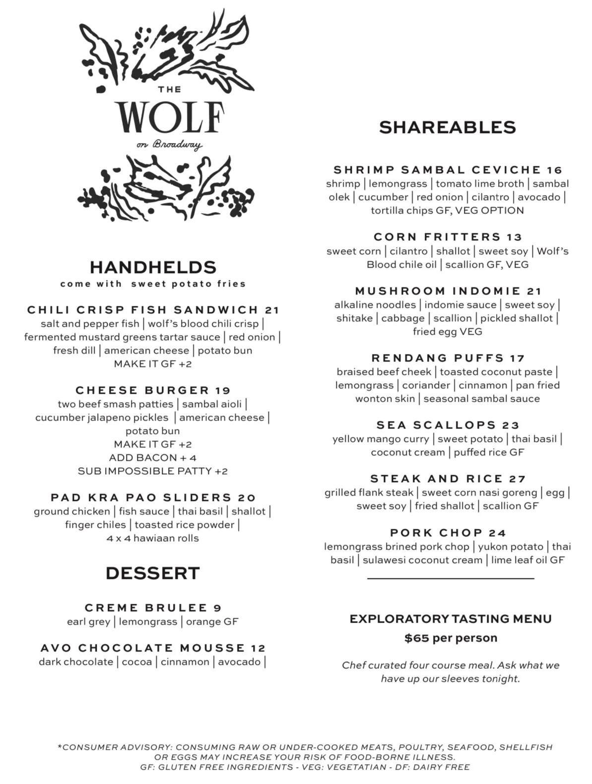 Dinner Menu — The Wolf & Uncle Wolfie's Downtown | One Space, Two Concepts