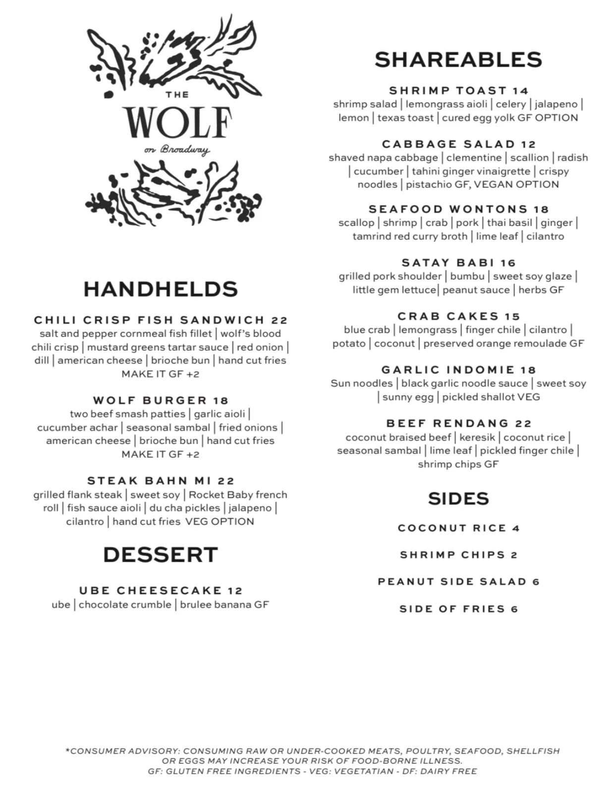 Dinner Menu — The Wolf & Uncle Wolfie's Downtown | One Space, Two Concepts