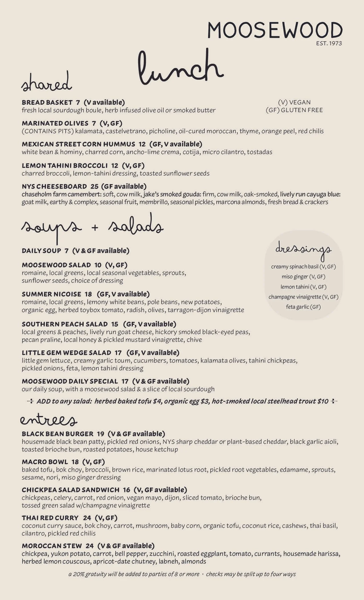 Menu — Moosewood Restaurant