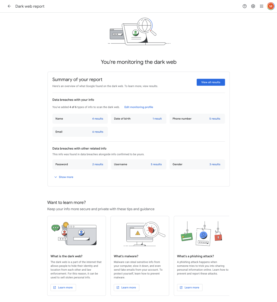 Dark web report by Google One — Home