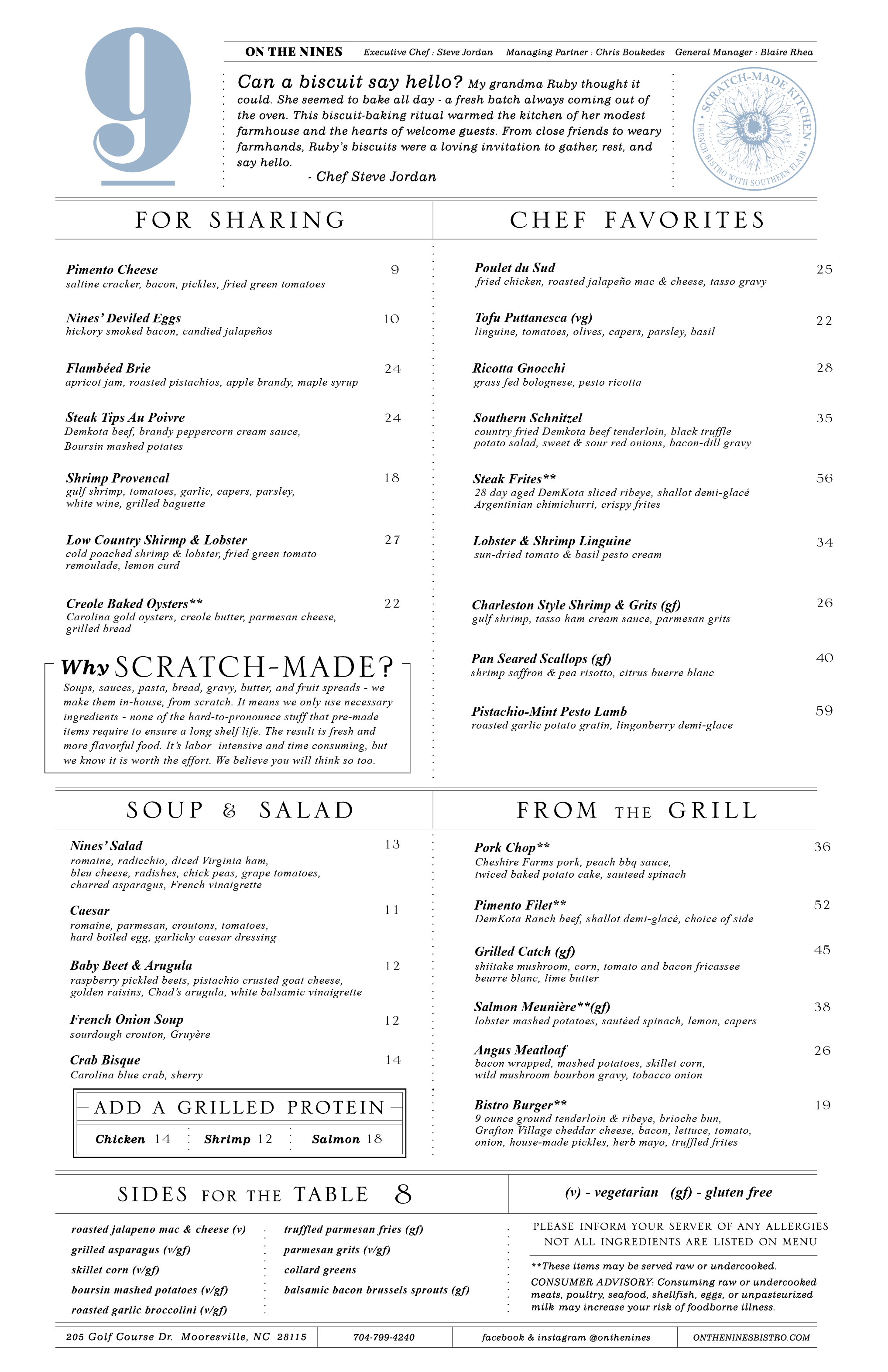 Newest Menu — On the Nines Bistro