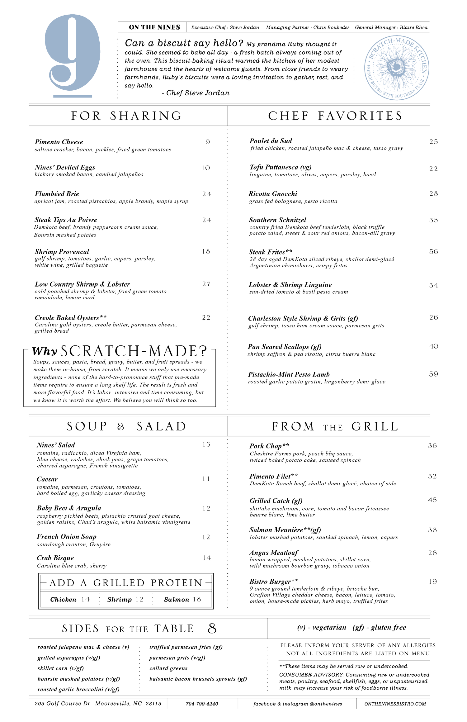 Newest Menu — On the Nines Bistro