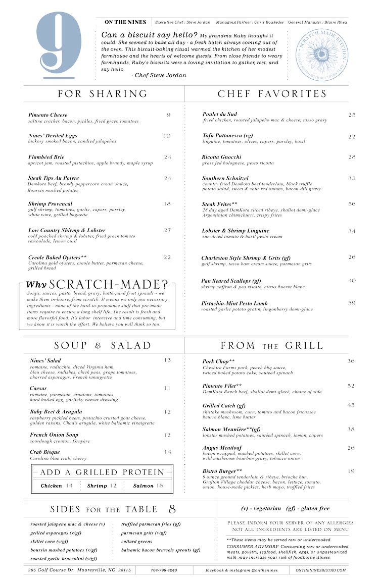Newest Menu — On the Nines Bistro