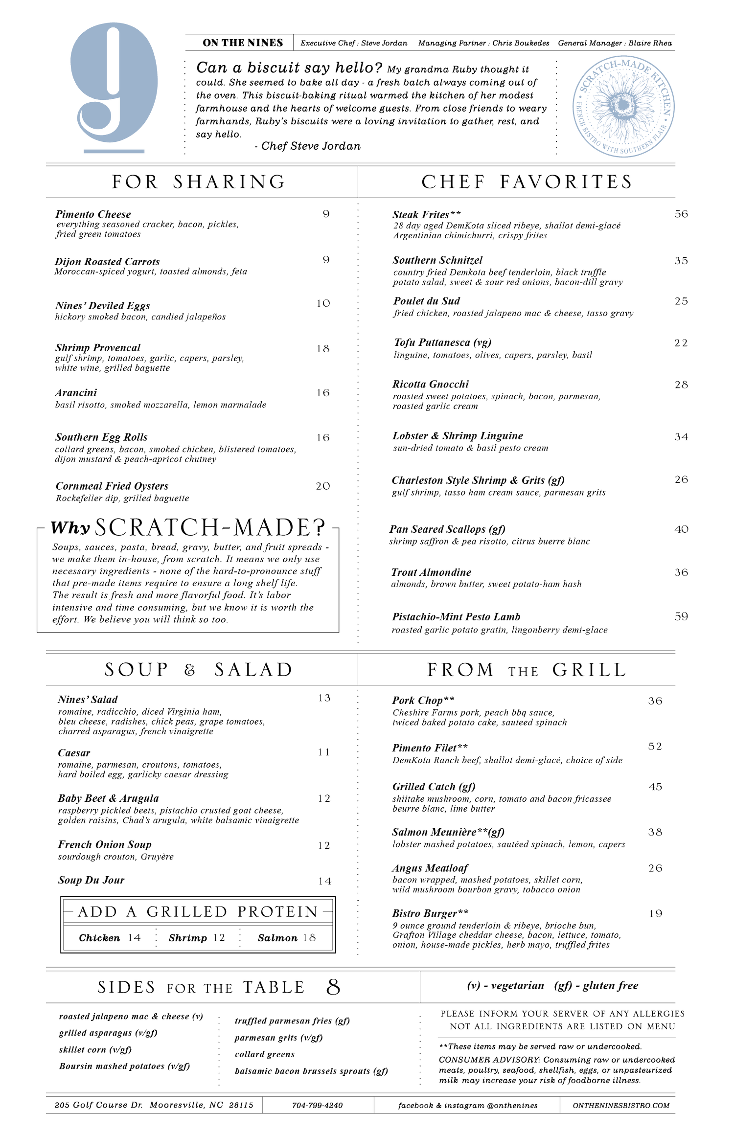 Newest Menu — On the Nines Bistro