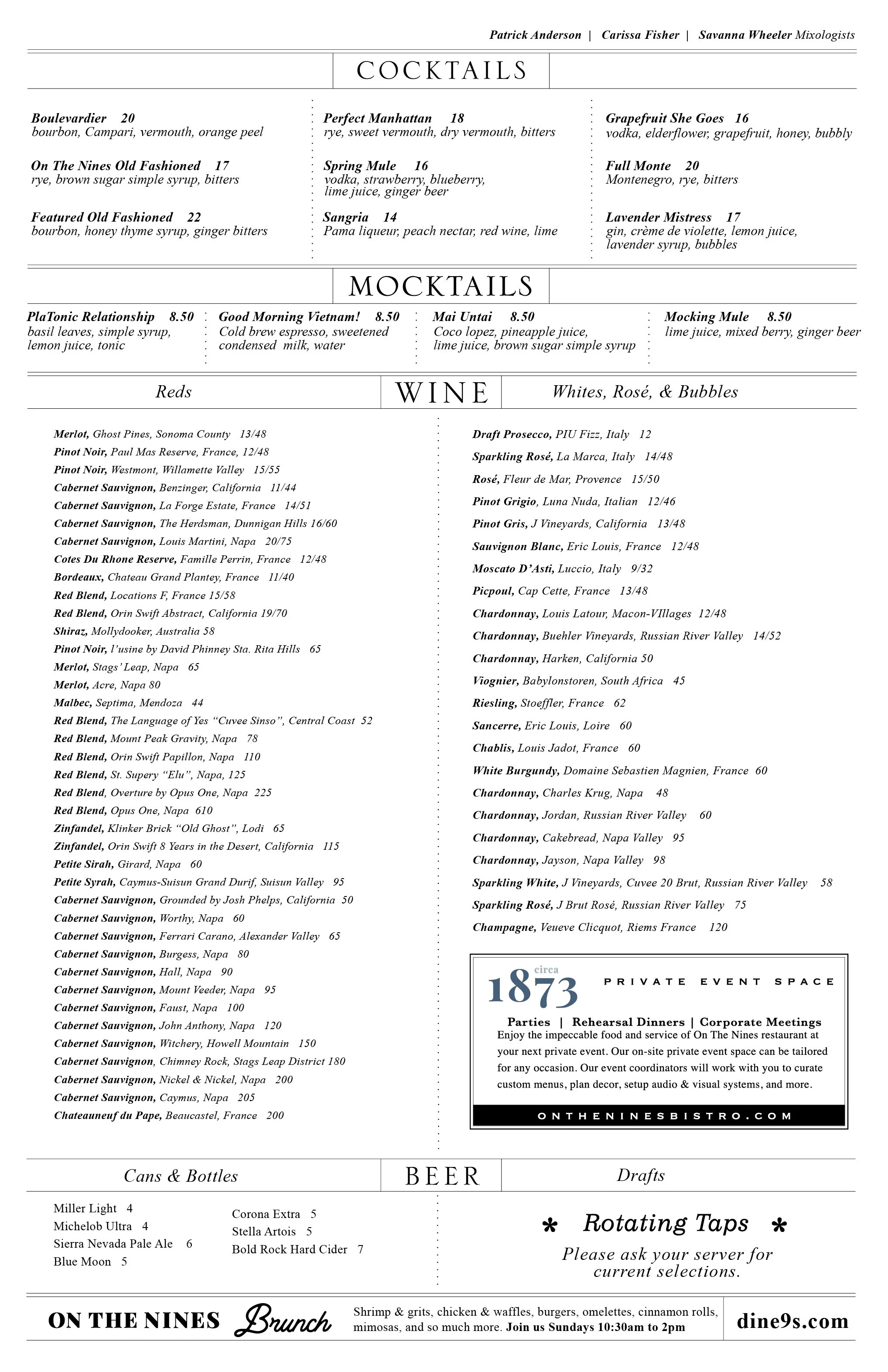 Newest Menu — On the Nines Bistro