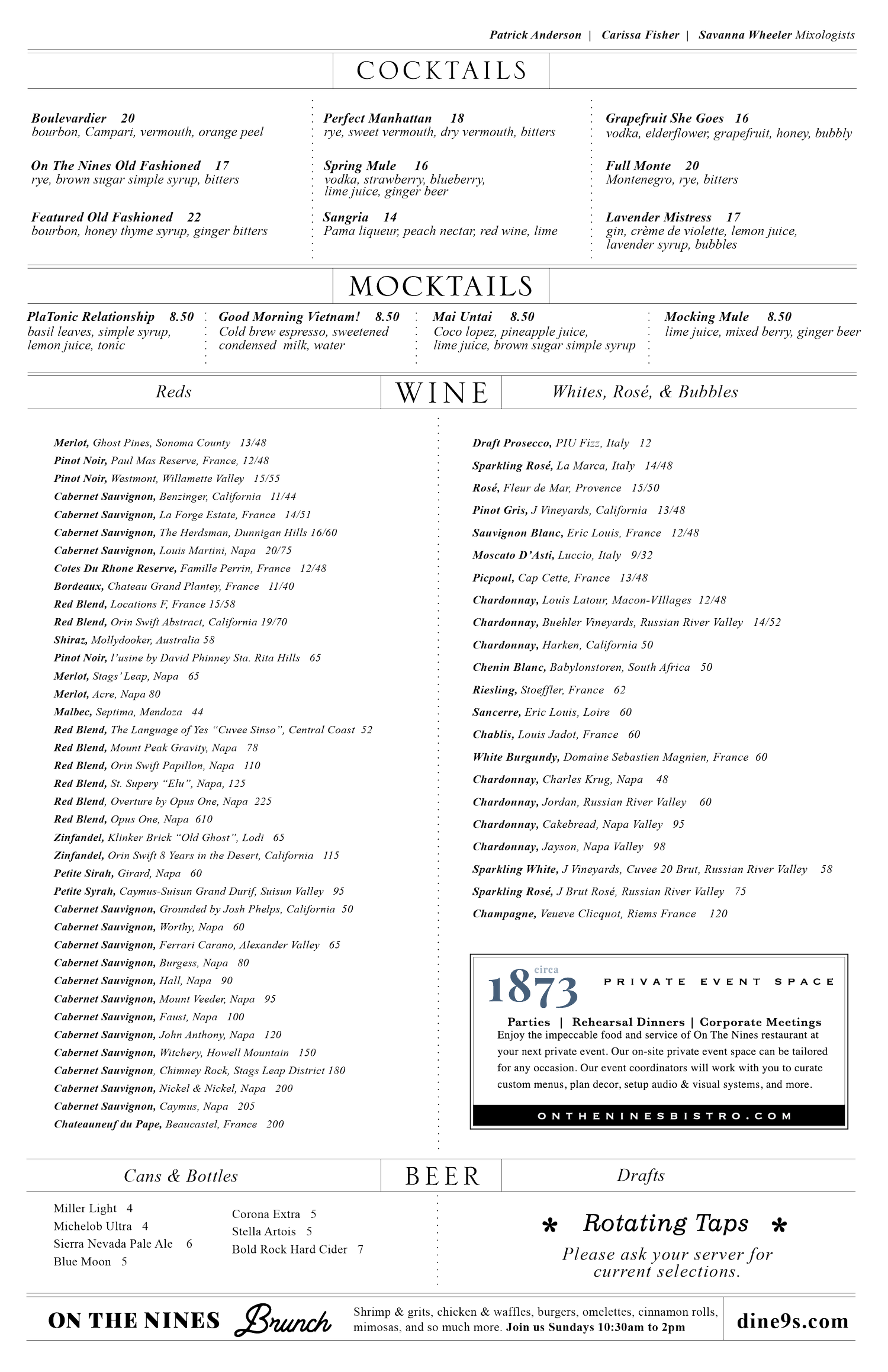 Newest Menu — On the Nines Bistro