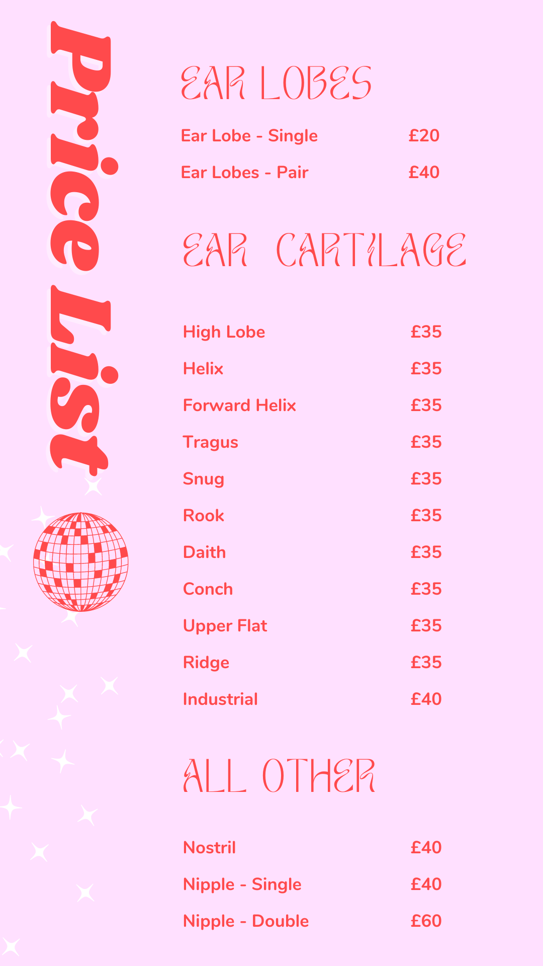 Piercing Price List — With Genevieve