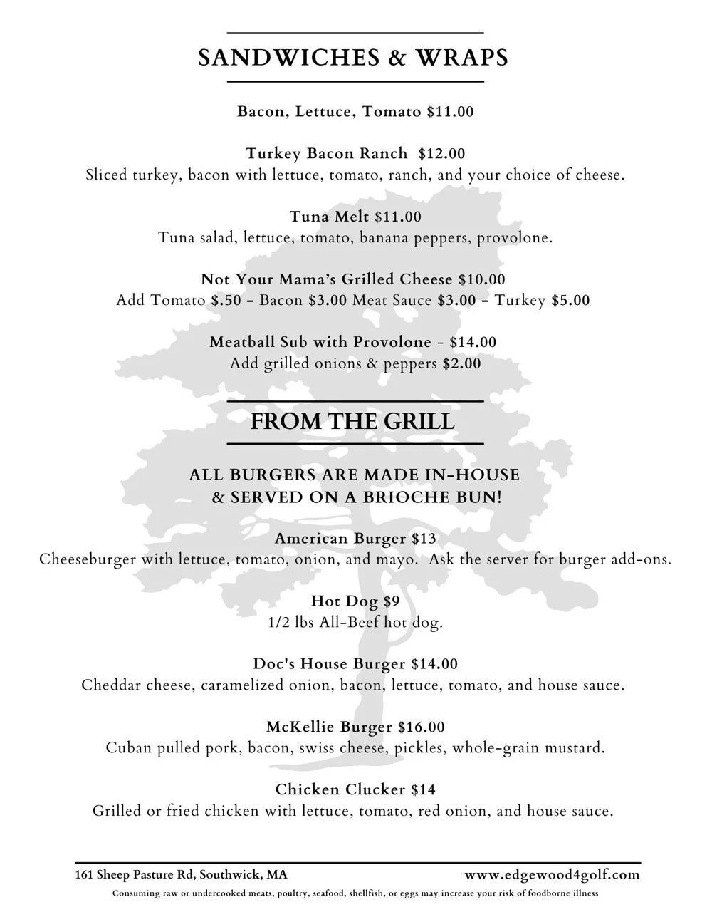 Menu — Edgewood Golf Course