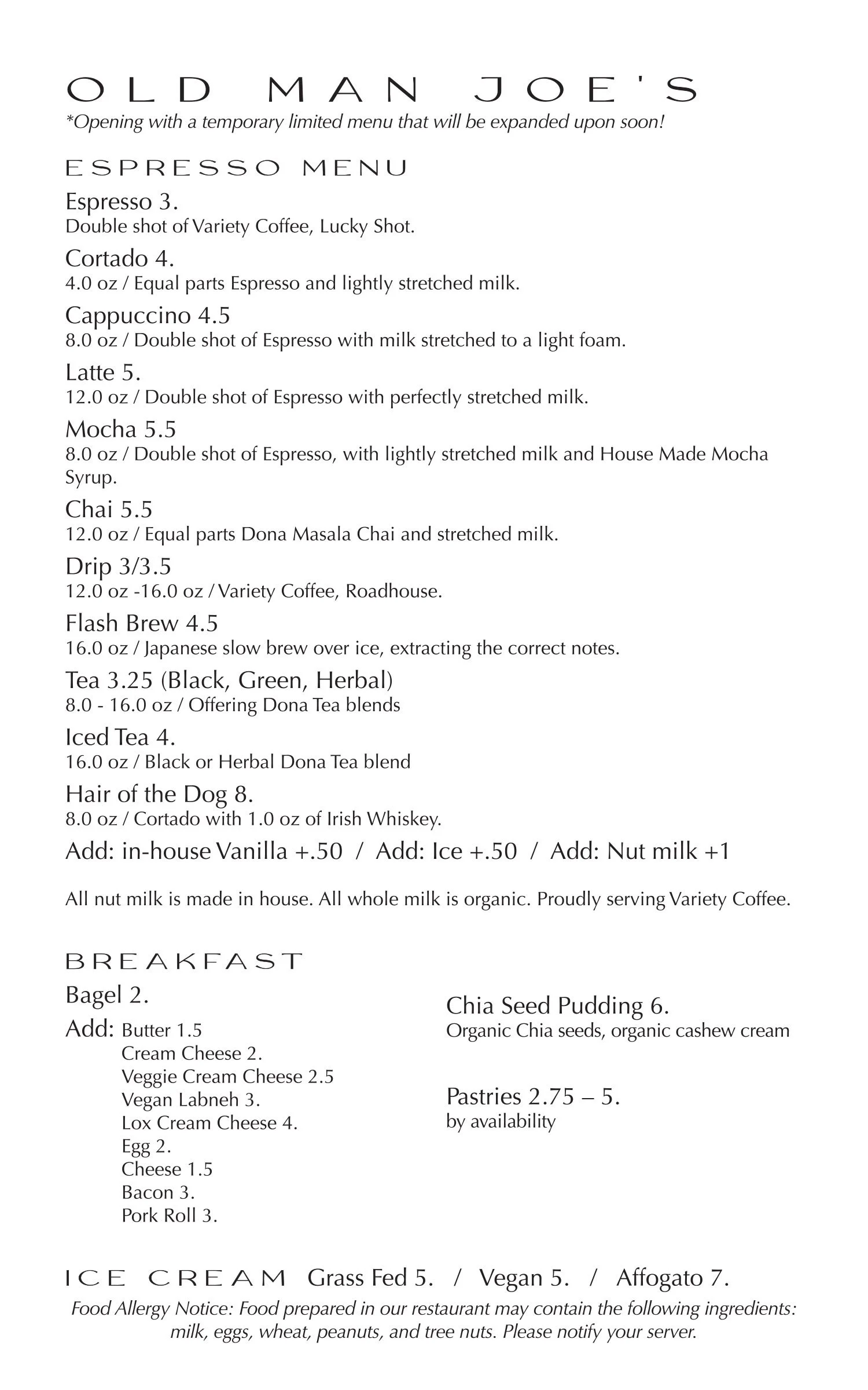 Menu 1 — Old Man Joe's