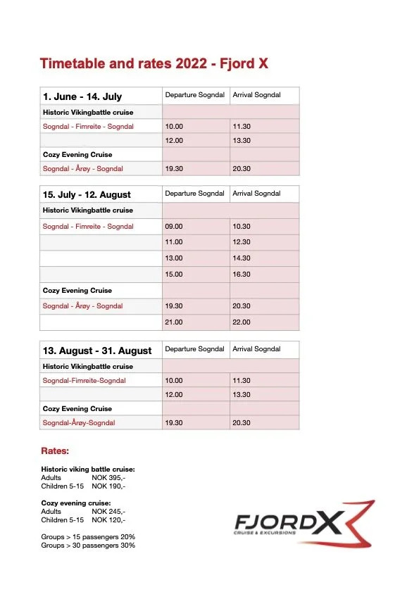 Timetable & Rates — Fjord X