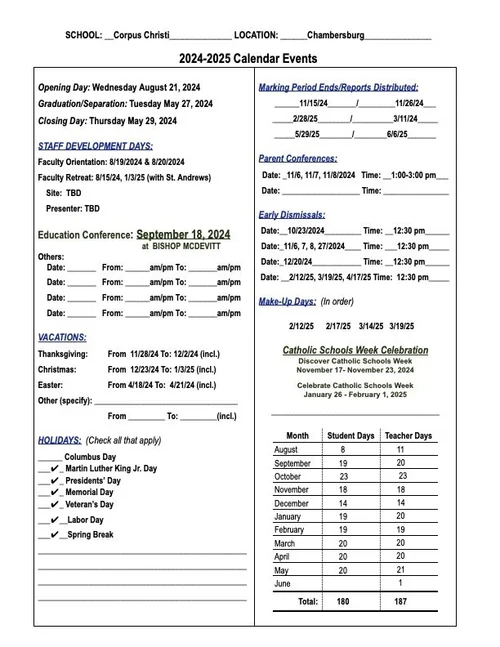 School Calendar — Corpus Christi Catholic School