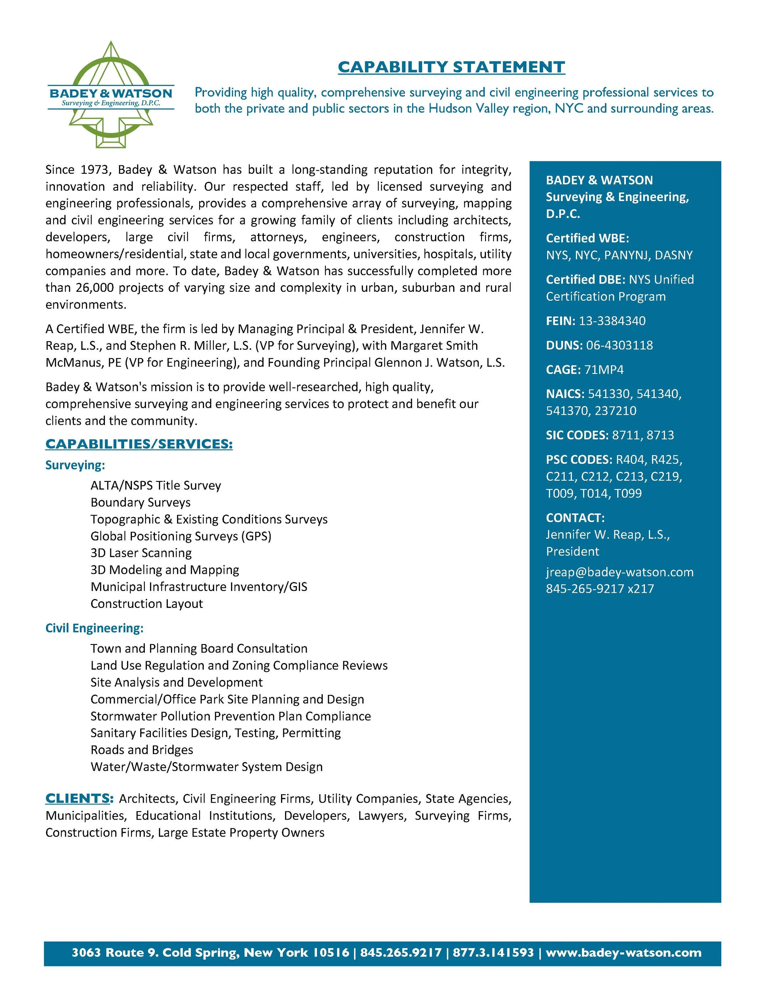 B&W Capability Statement — Badey & Watson Surveying & Engineering, D.P.C.