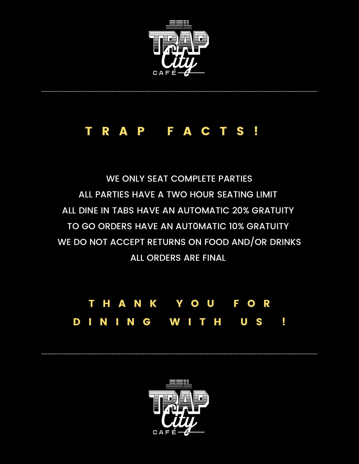 Dinner Menu — Trap City Cafe