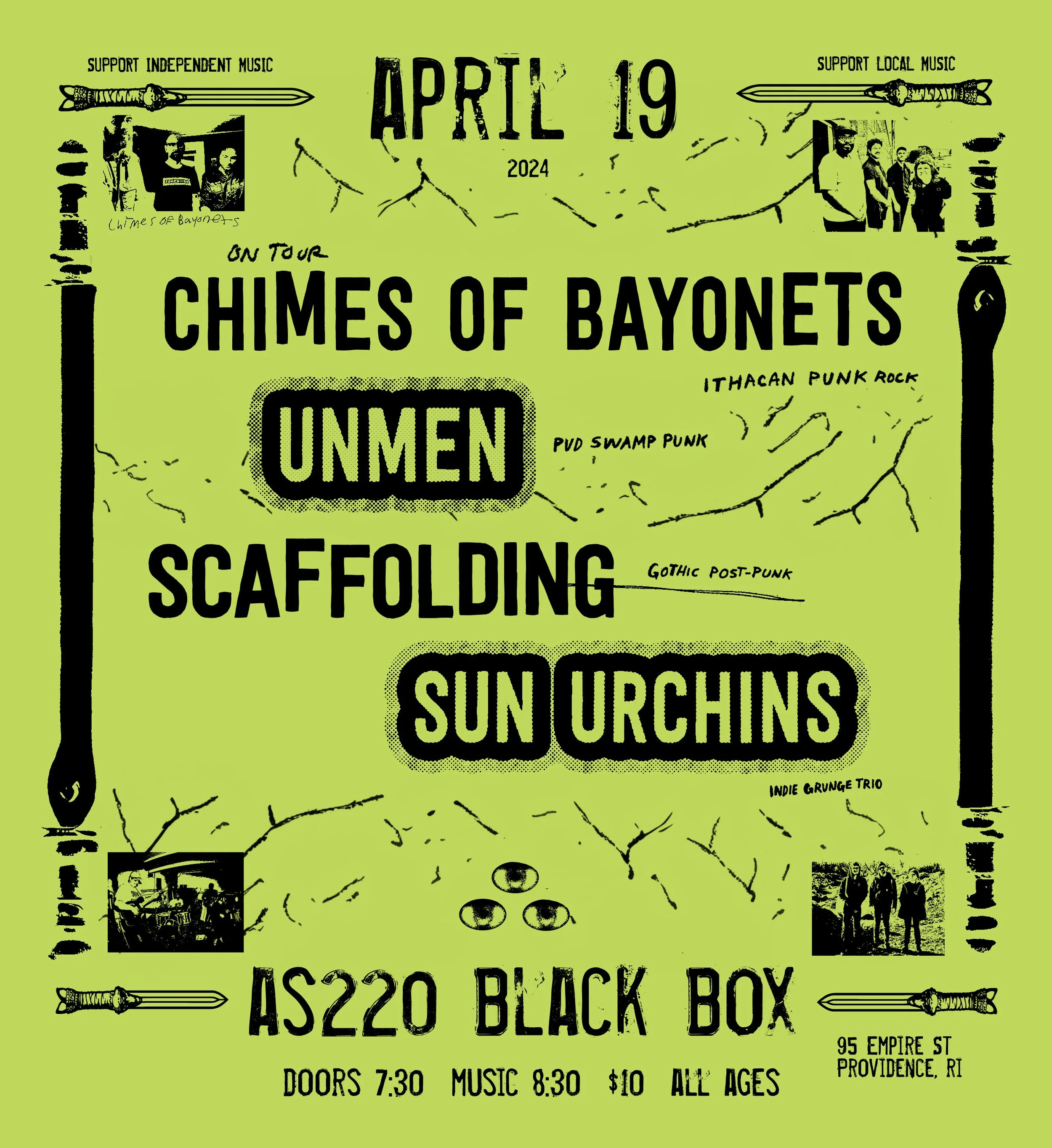 AS220 Calendar — Sun Urchins, Chimes of Bayonets, Scaffolding, Unmen