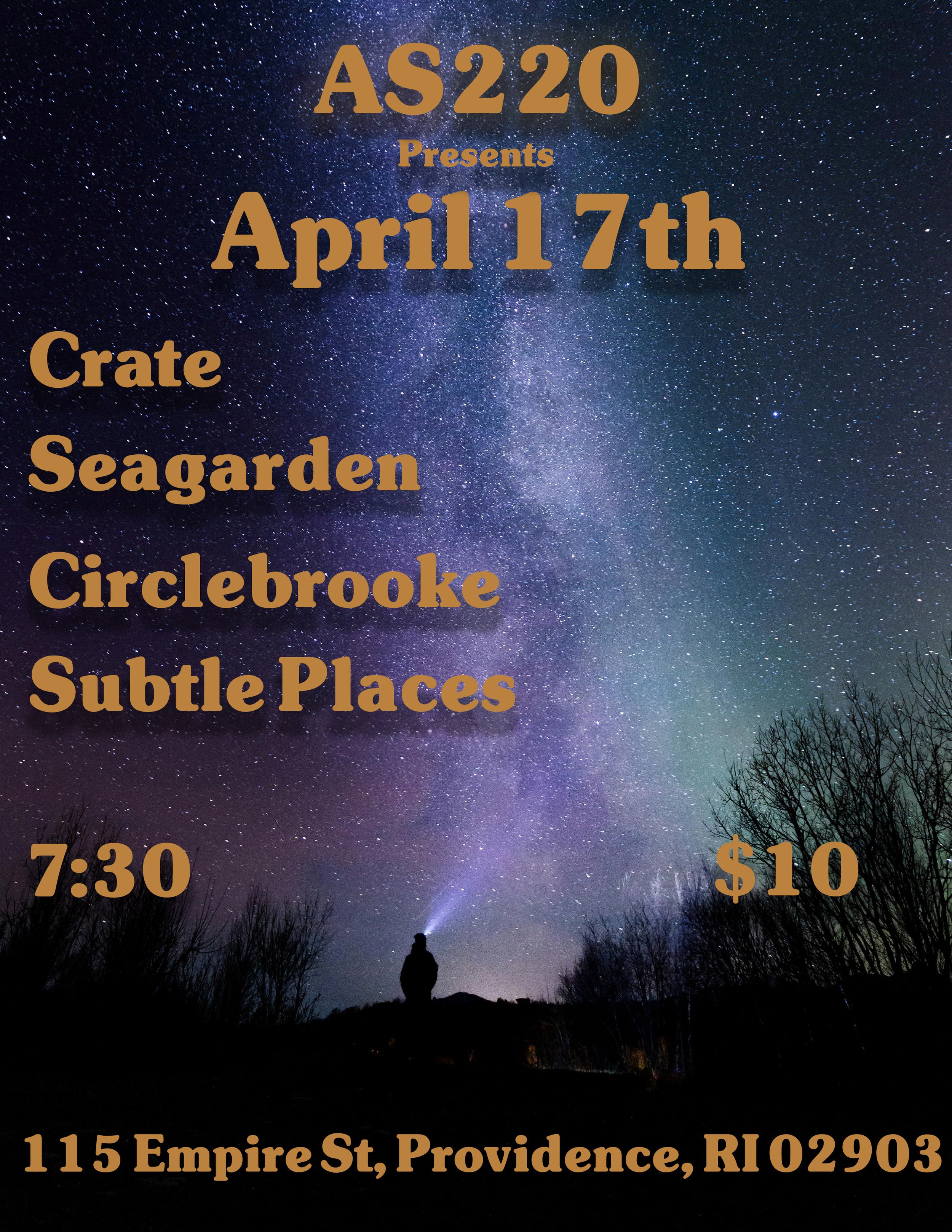 AS220 Calendar — Crate + Seagarden + Circlebrooke + Subtle Places