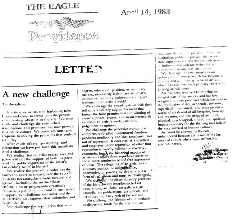 News from AS220 — The “New Challenge” manifesto from 1983