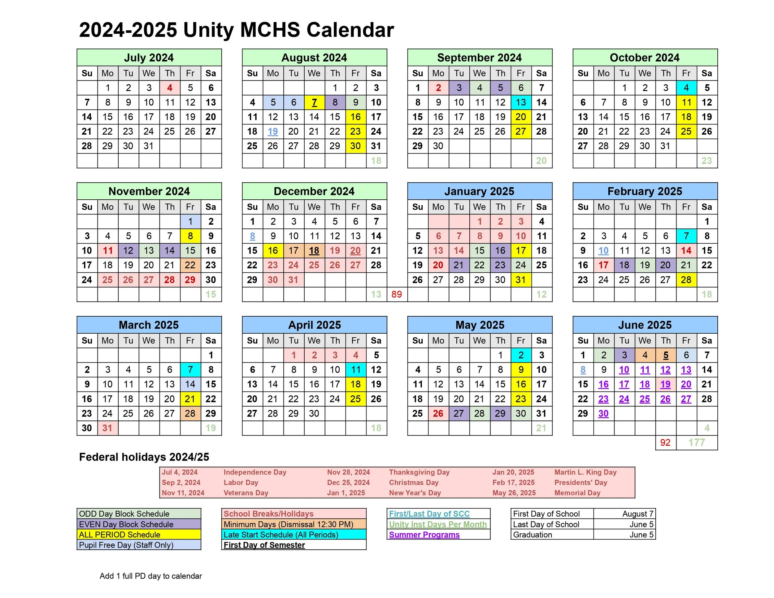 Academic Calendar- 2024-2025 — Unity Middle College High School, Orange, CA