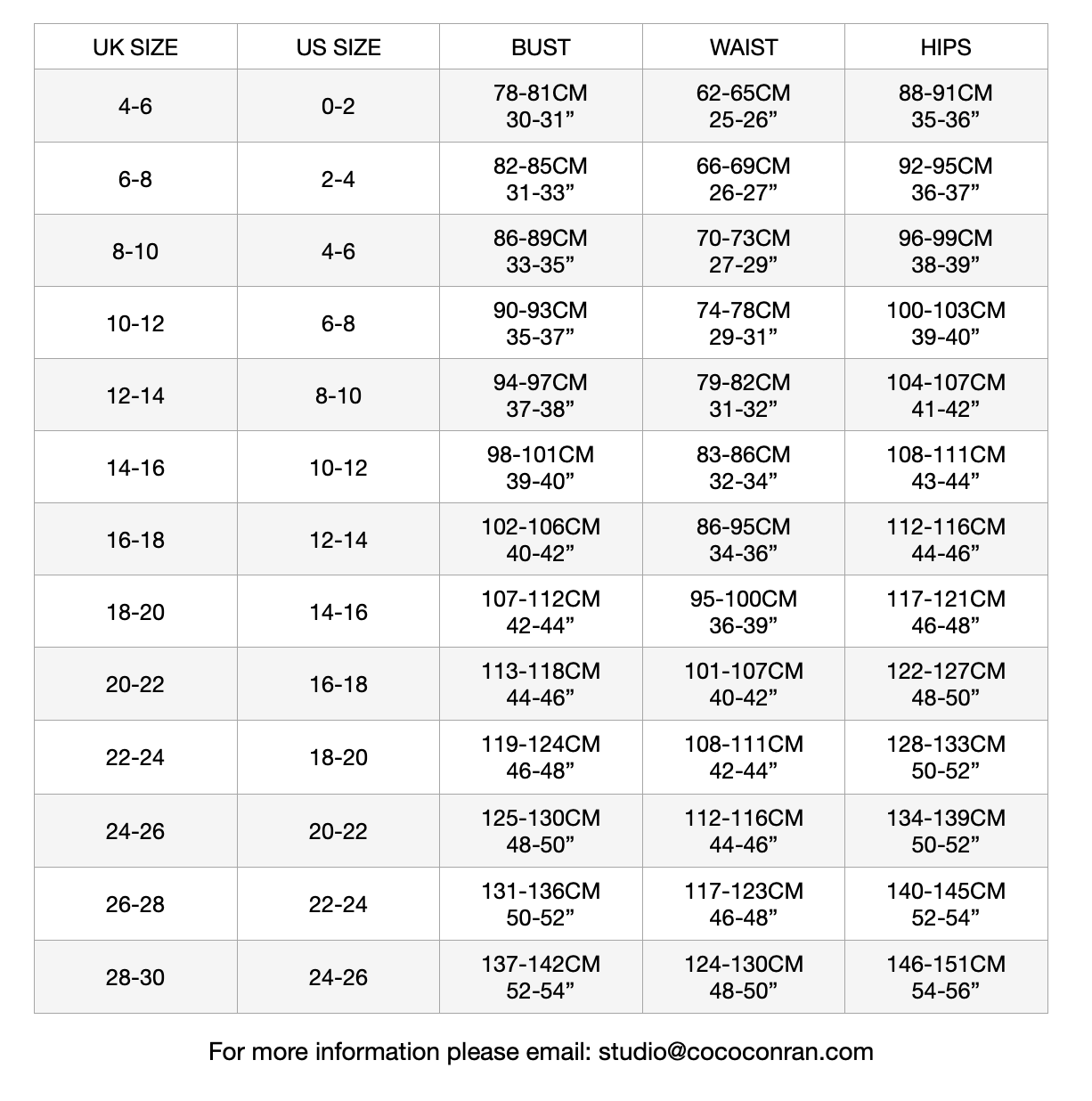 Size Guide — coco conran