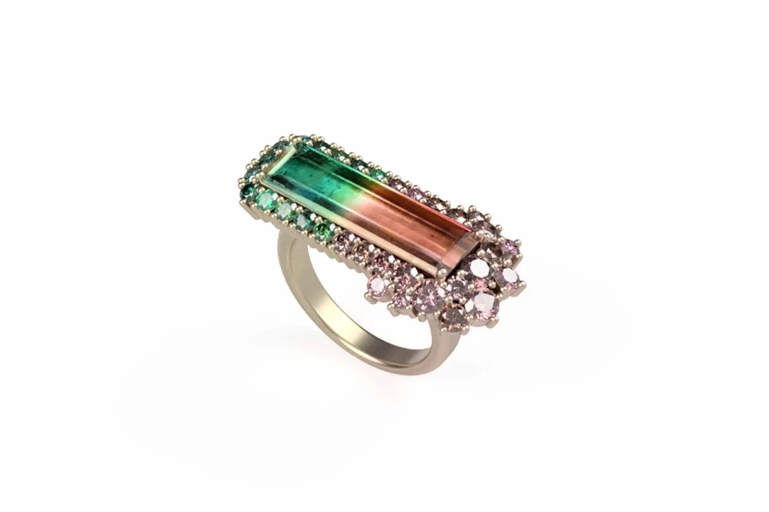 Watermelon Tourmaline Ring with Emeralds — Carla Maxine Jewellery