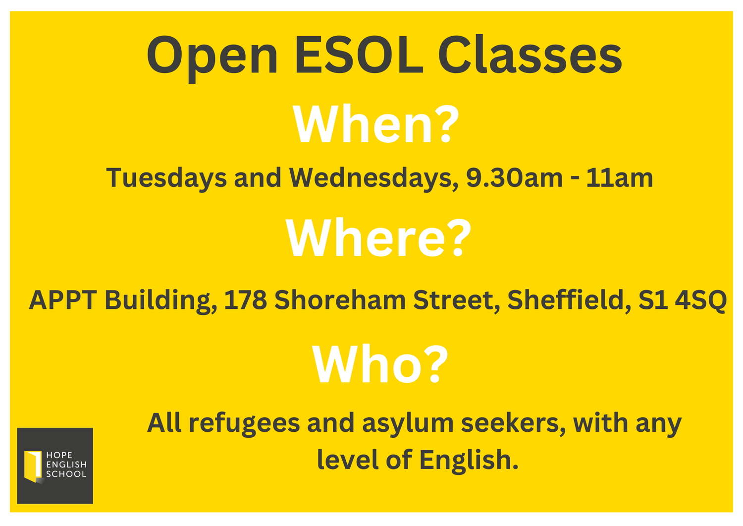 Open ESOL Classes — Hope English School