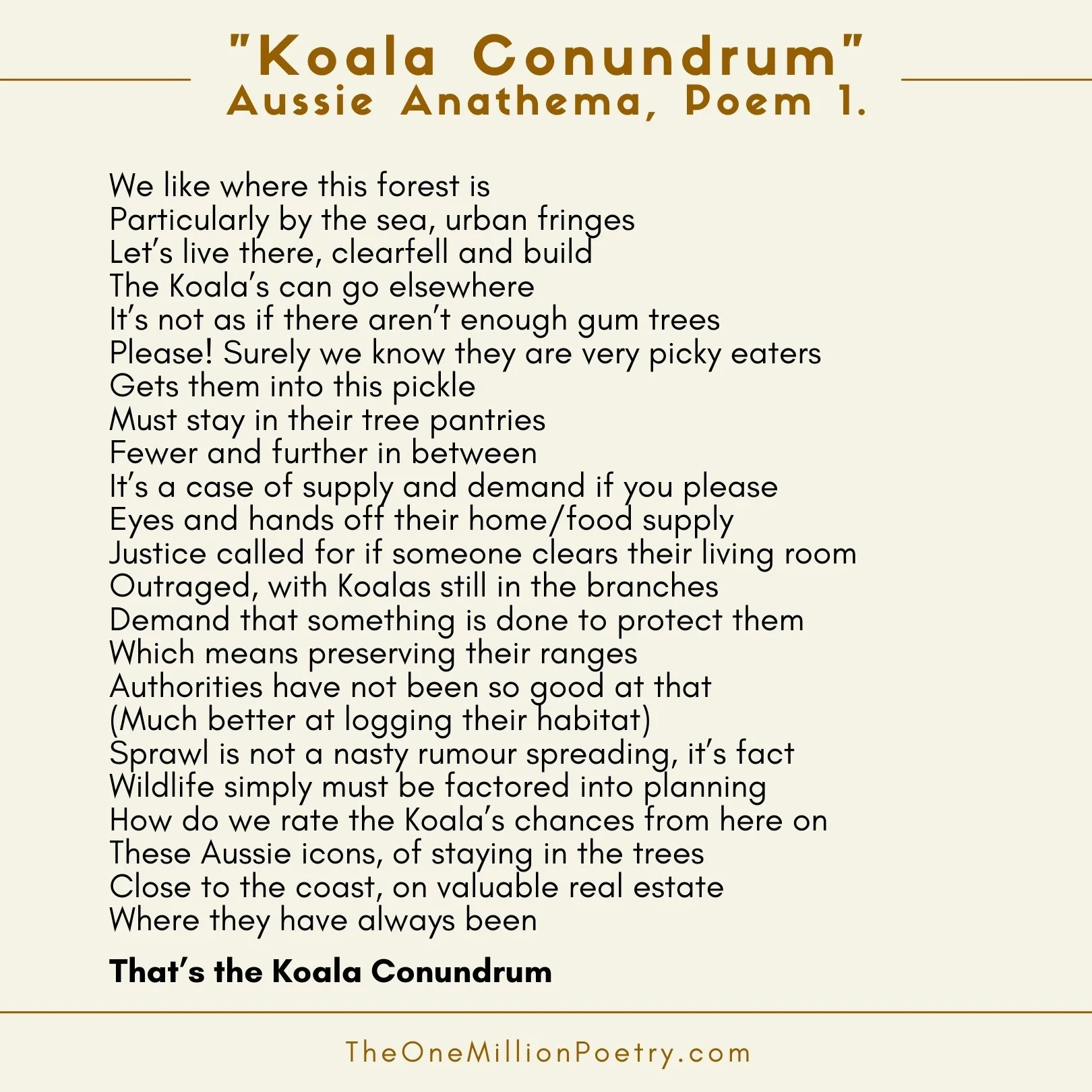 “Koala Conundrum” | Aussie Anathema, Poem 1. — Endangered Wildlife Poetry