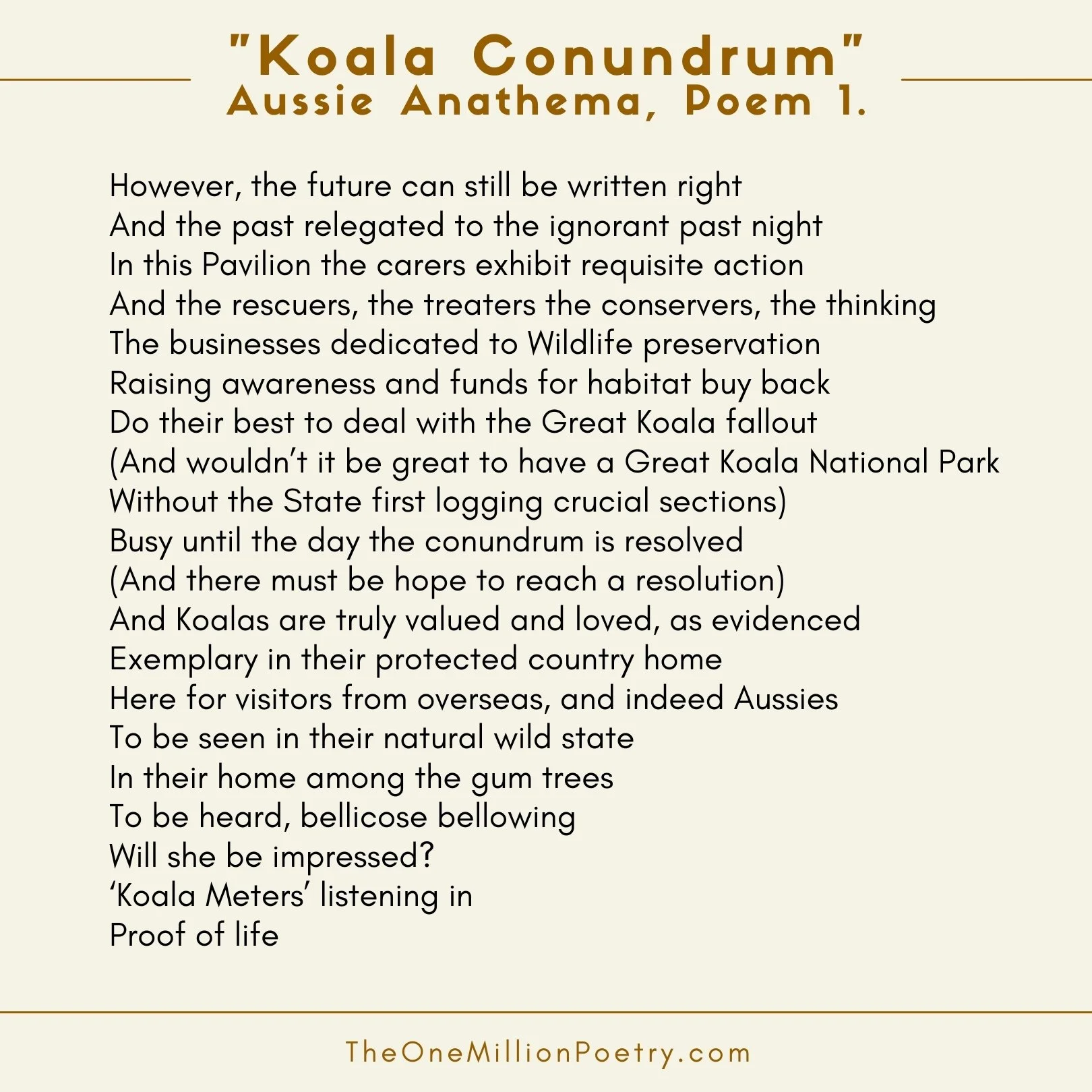“Koala Conundrum” | Aussie Anathema, Poem 1. — Endangered Wildlife Poetry