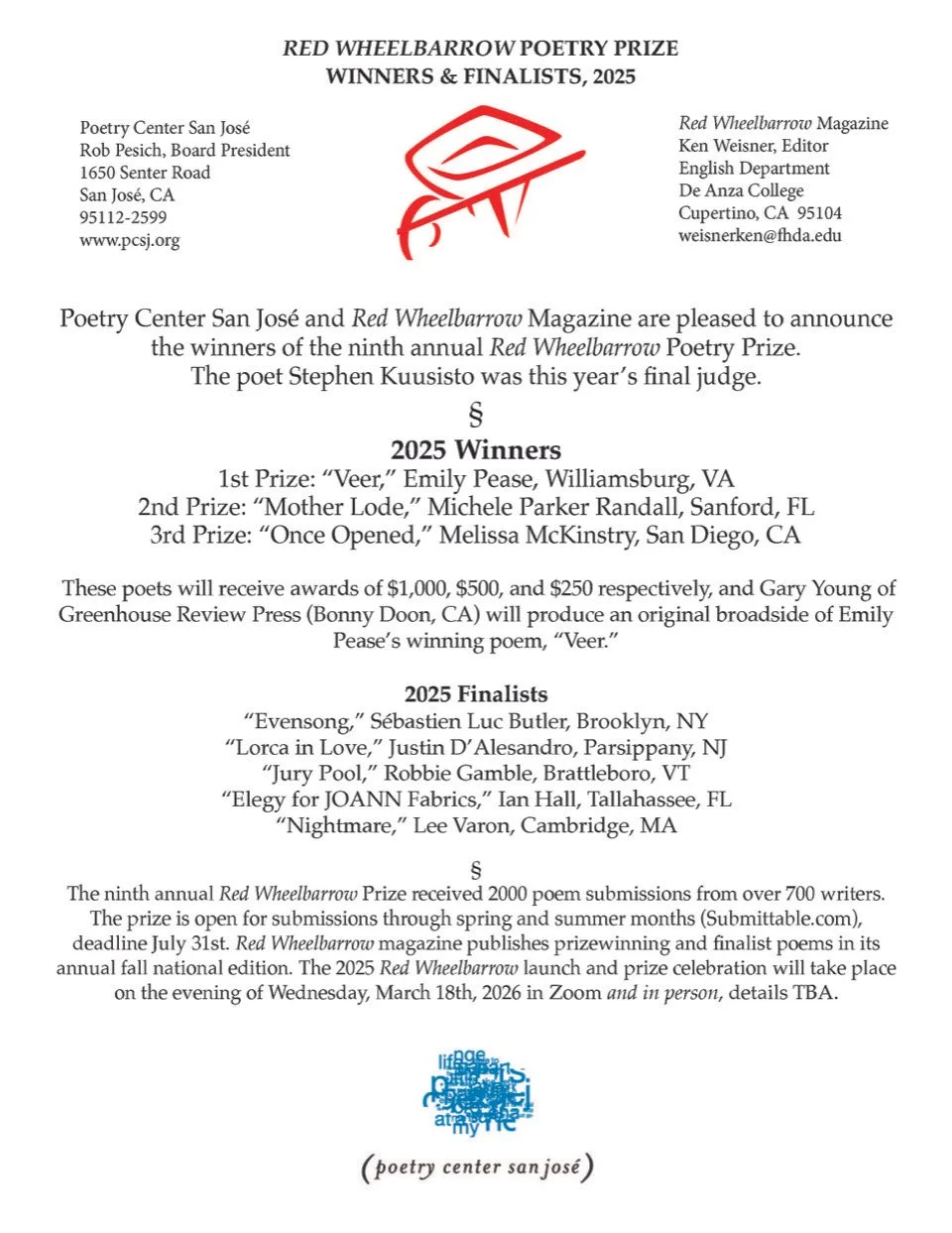 2025 Red Wheelbarrow Poetry Prize Results — PCSJ
