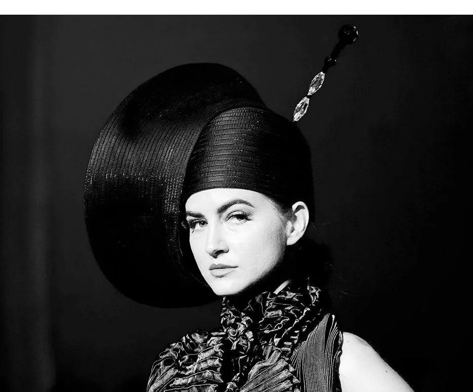 HS145 Black ribbon disc hat — Harlem's Heaven Hats