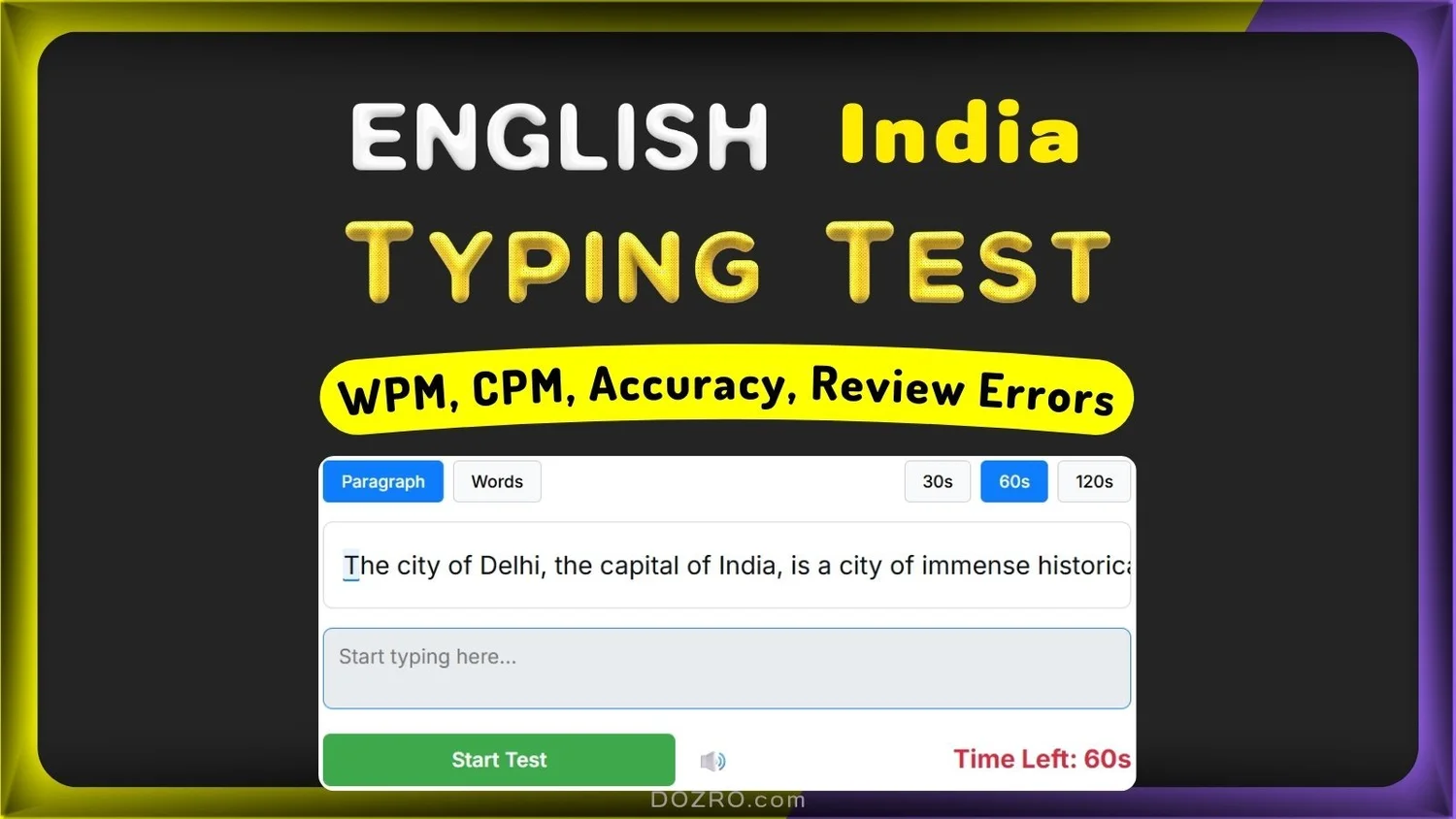 Indian English Typing Test – 30s, 60s, 120s | Track WPM Speed, Accuracy ...