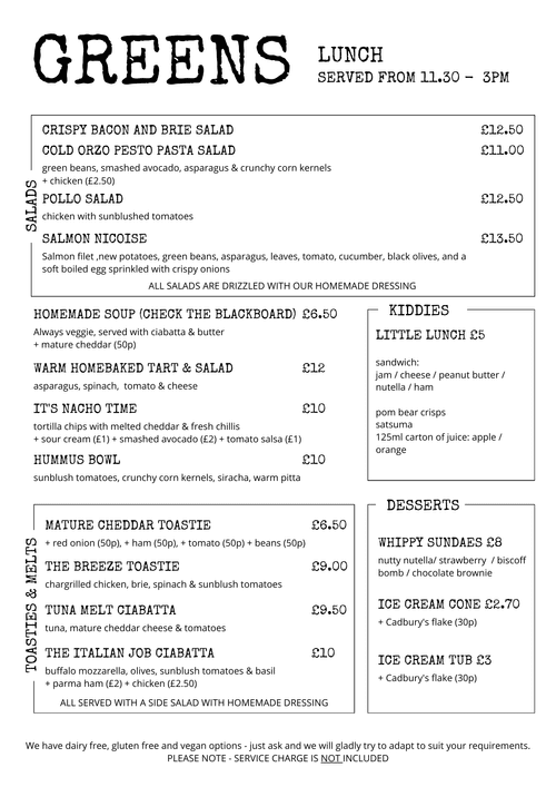Menu 1 — Greens Coffee Co
