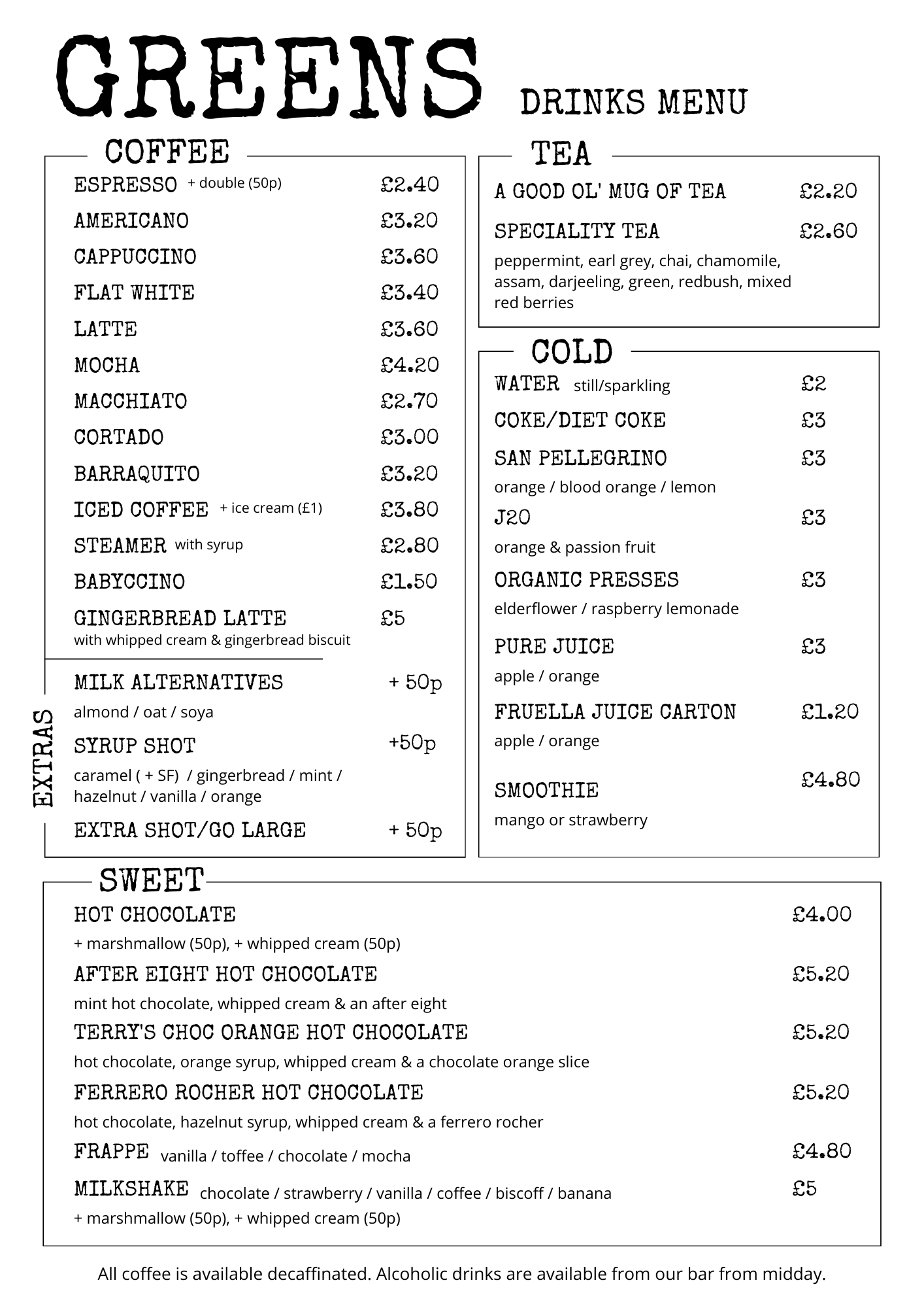 Menu 1 — Greens Coffee Co