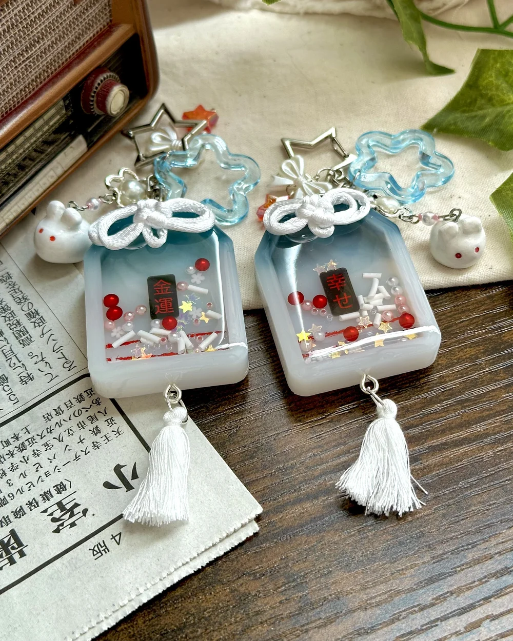 White Rabbit Omamori | Handmade Resin Shaker Keychain — Haroodles