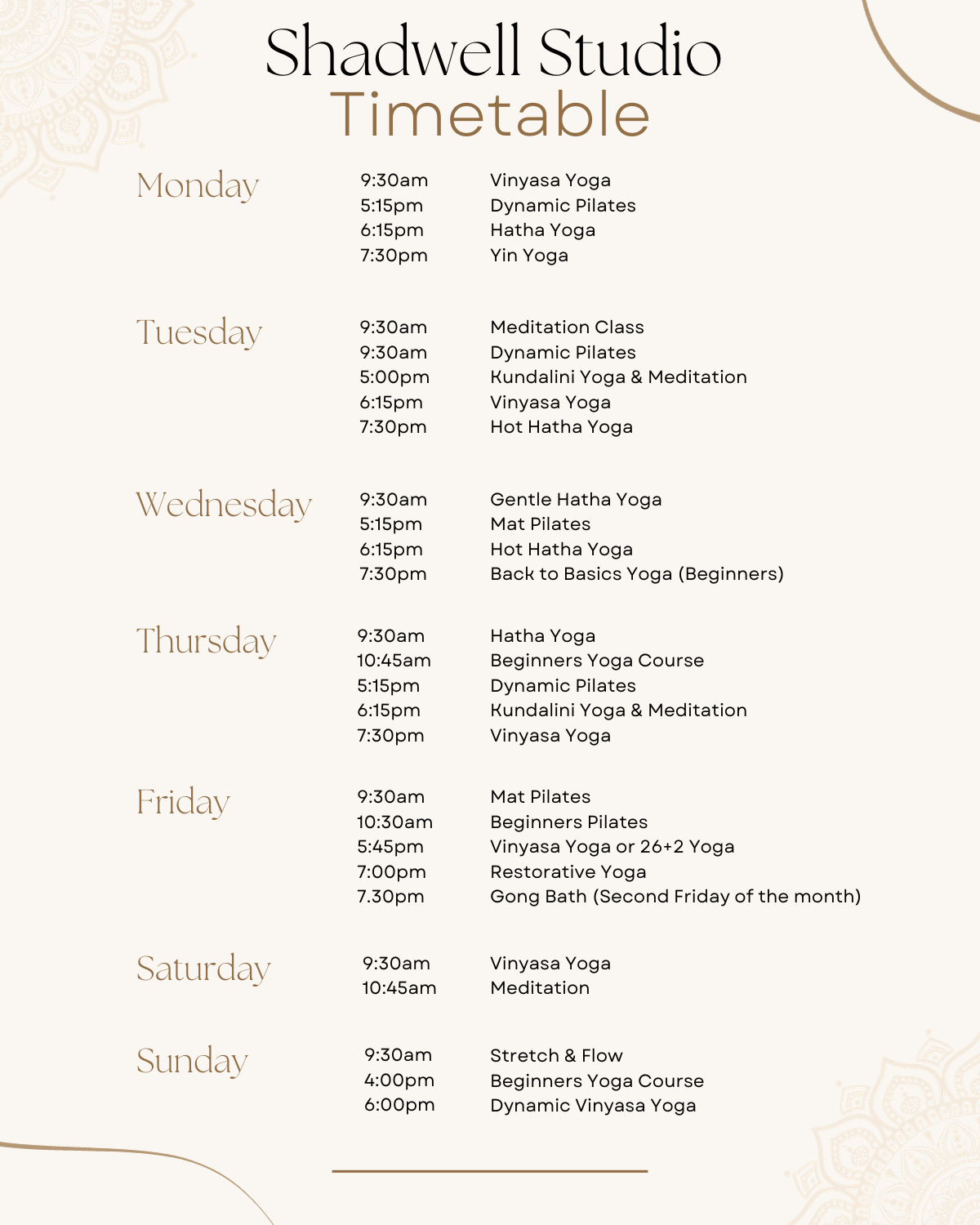 Timetable — Shadwell Studio