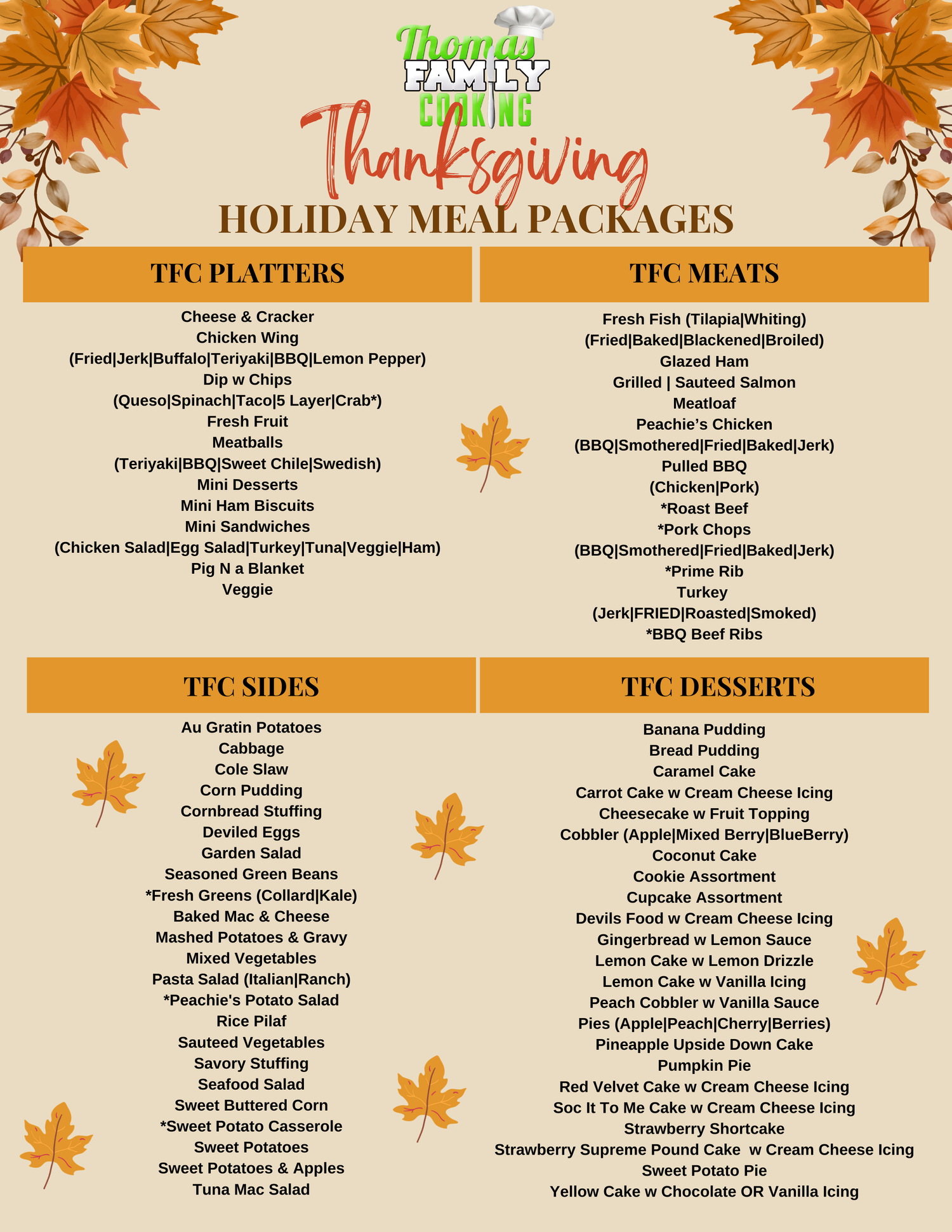 TFC HOLIDAY MENU — THOMAS FAMILY COOKING