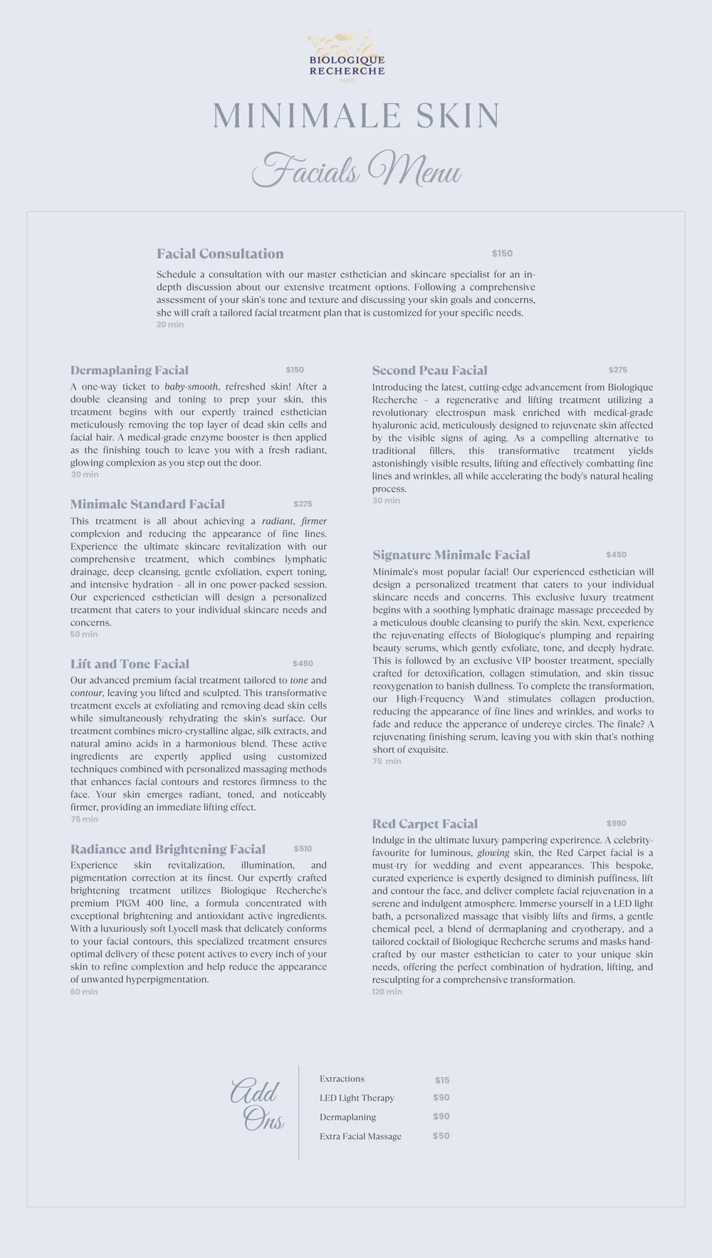 Facials Menu — MINIMALE SKIN