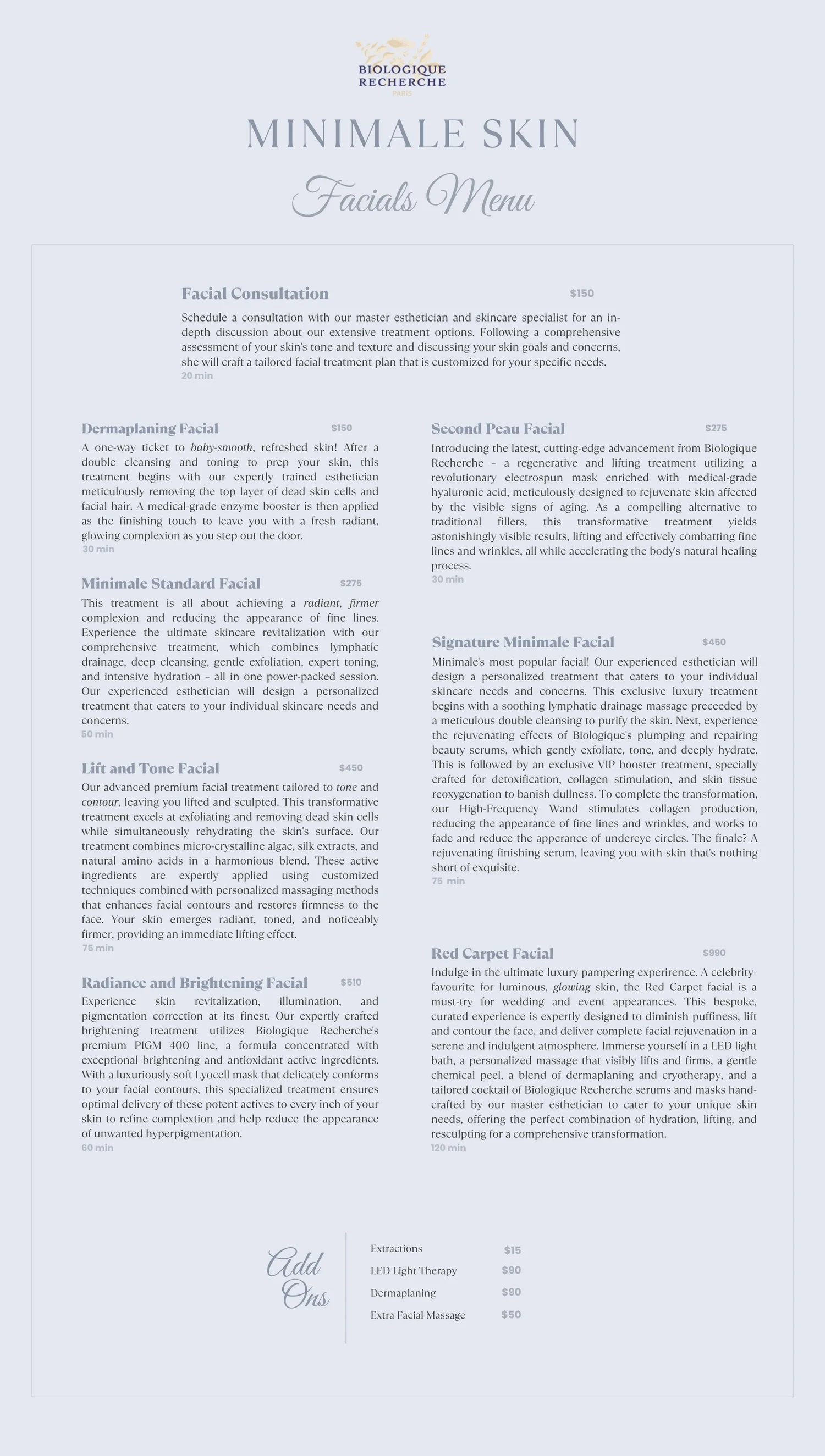 Facials Menu — MINIMALE SKIN
