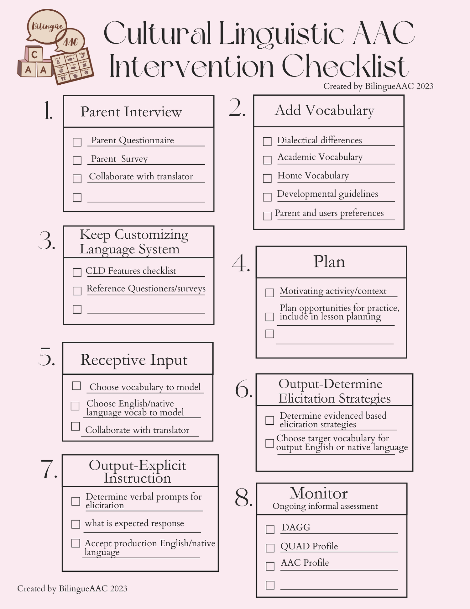 Cultural Linguistic AAC Intervention Framework & Checklist — Bilingüe AAC