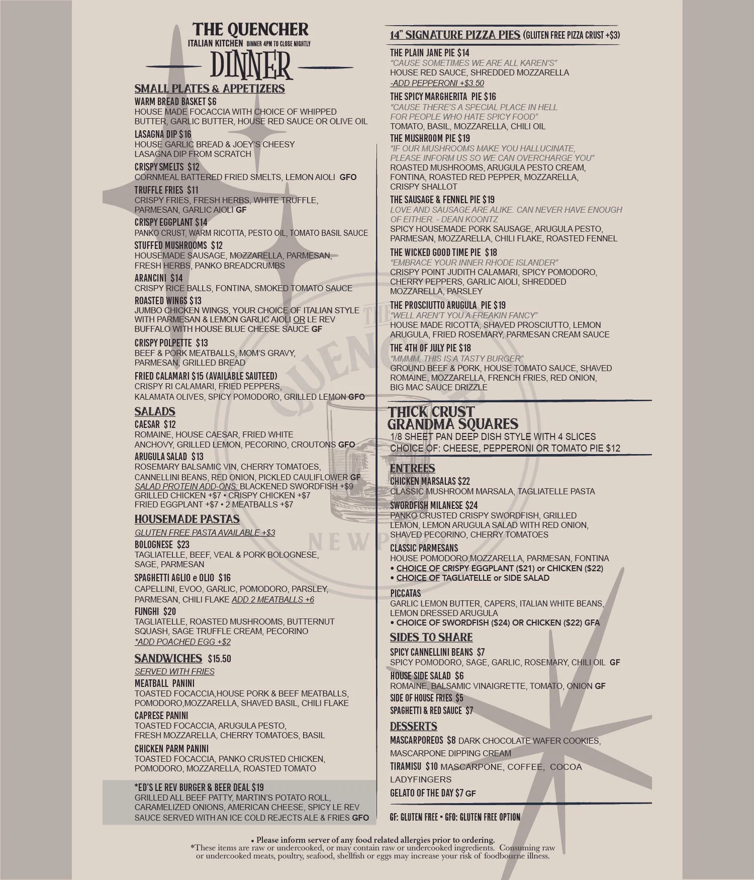 FOOD MENUS — THE QUENCHER