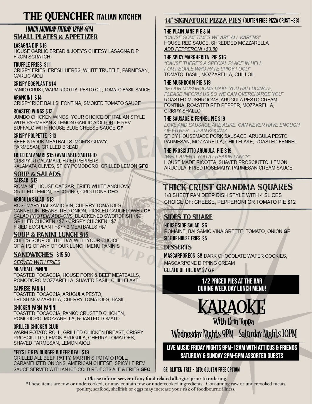 FOOD MENUS — THE QUENCHER