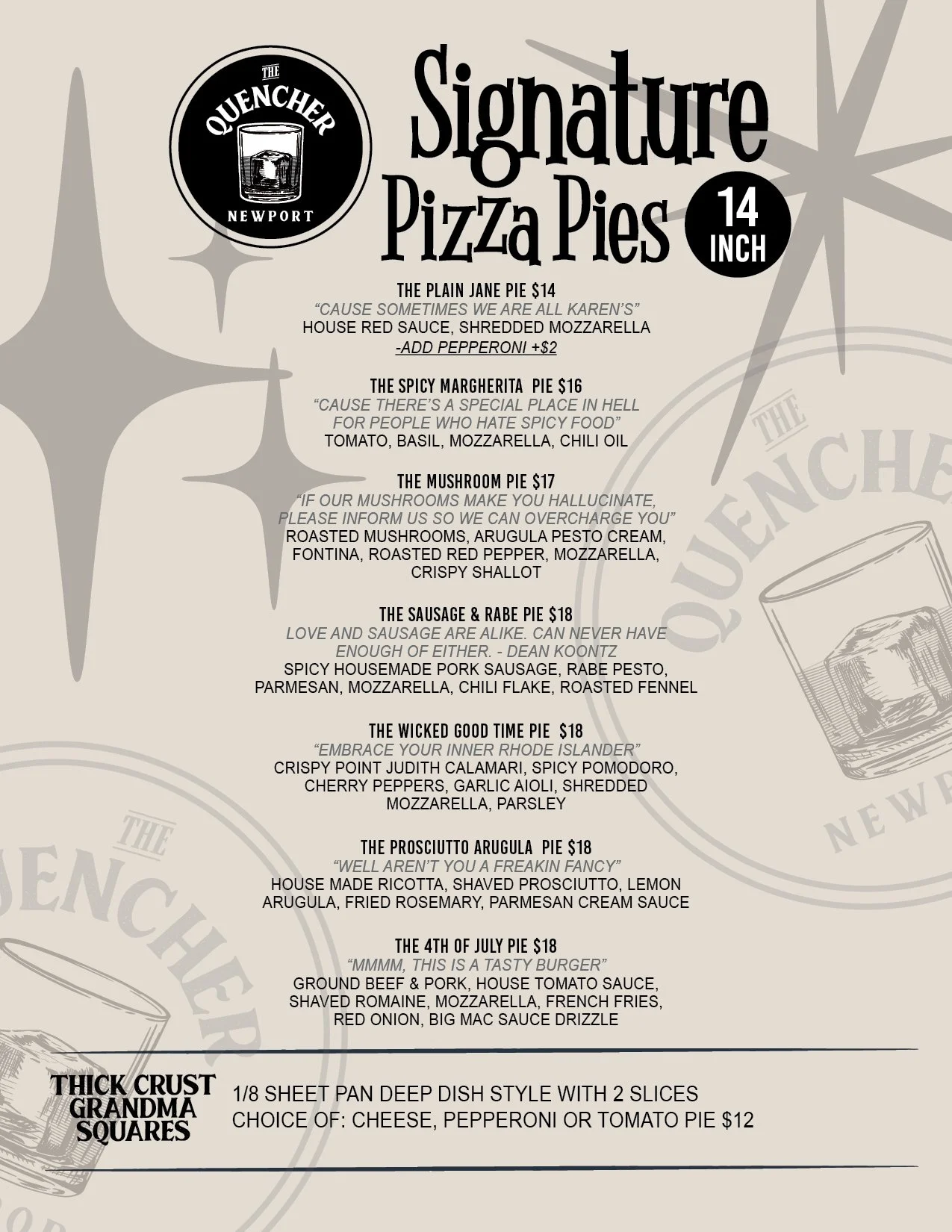 FOOD MENUS — THE QUENCHER