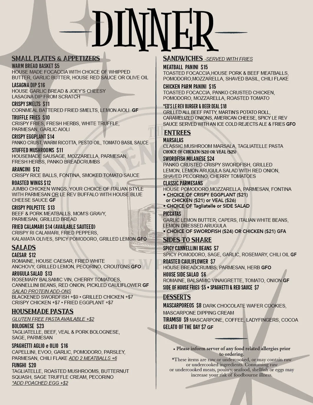 FOOD MENUS — THE QUENCHER