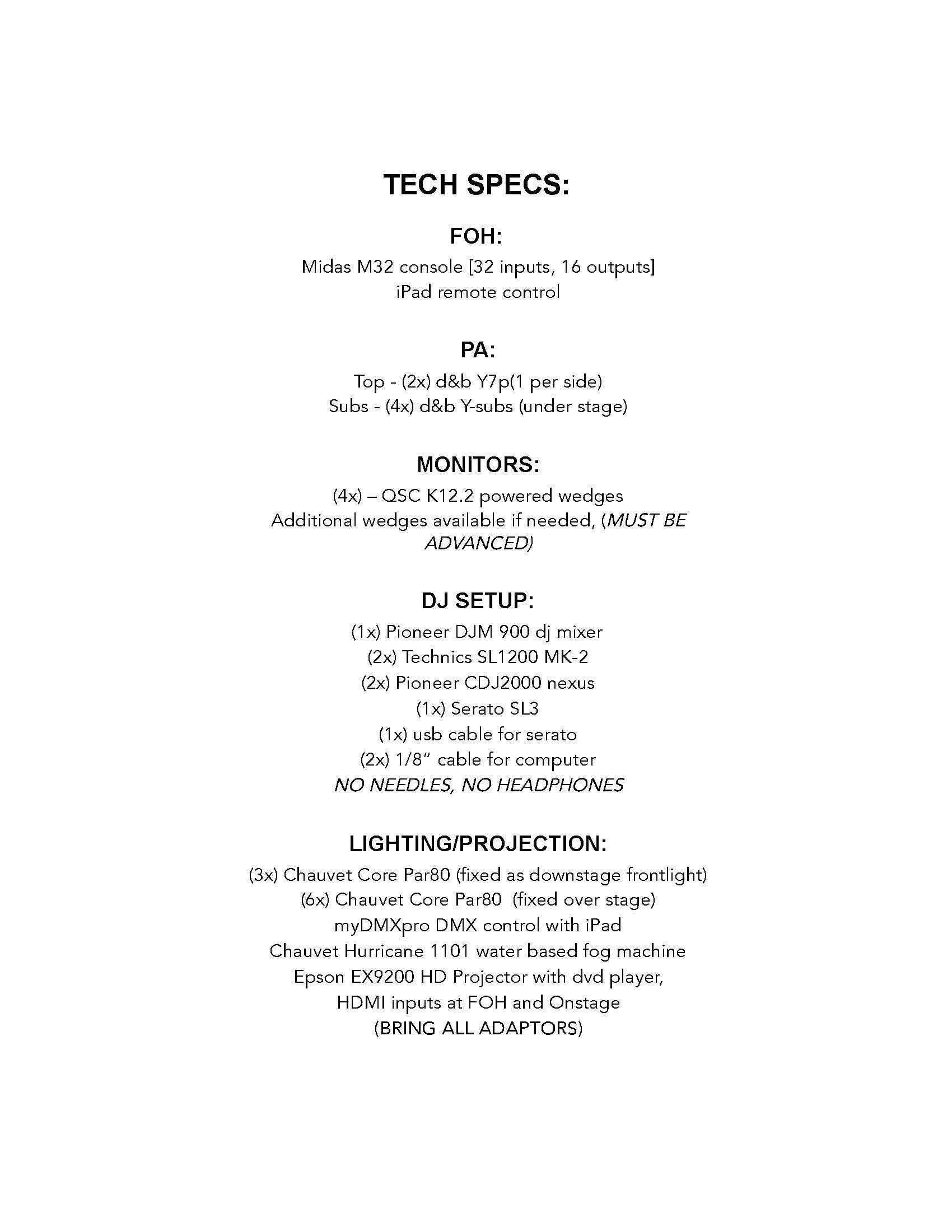 Tech Specs — Union Pool