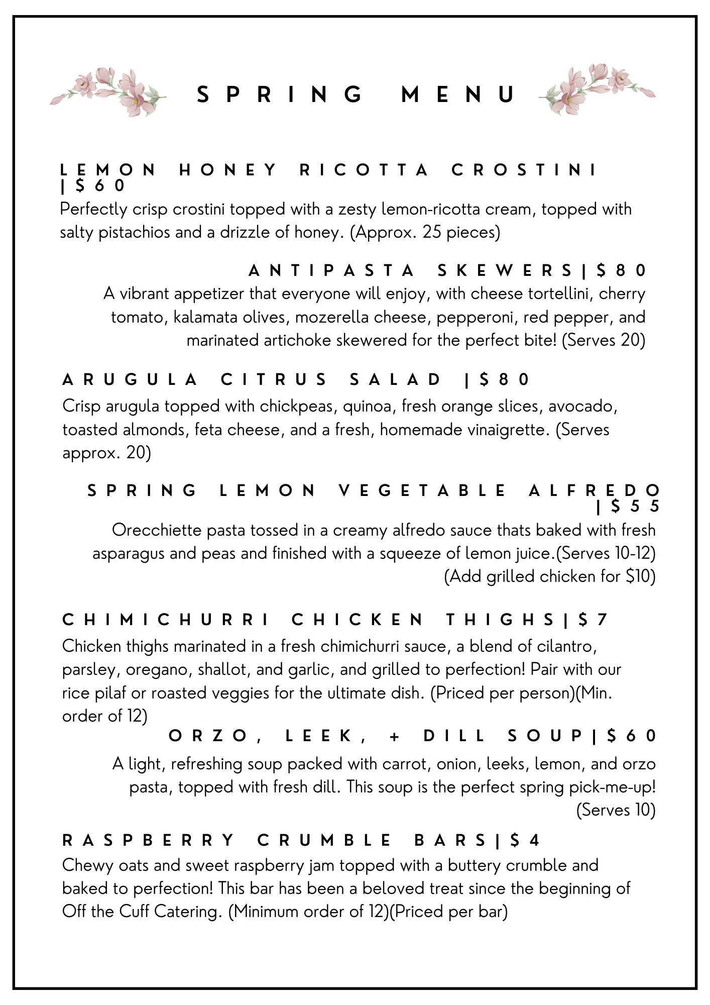 Seasonal Menu — Off the Cuff Catering
