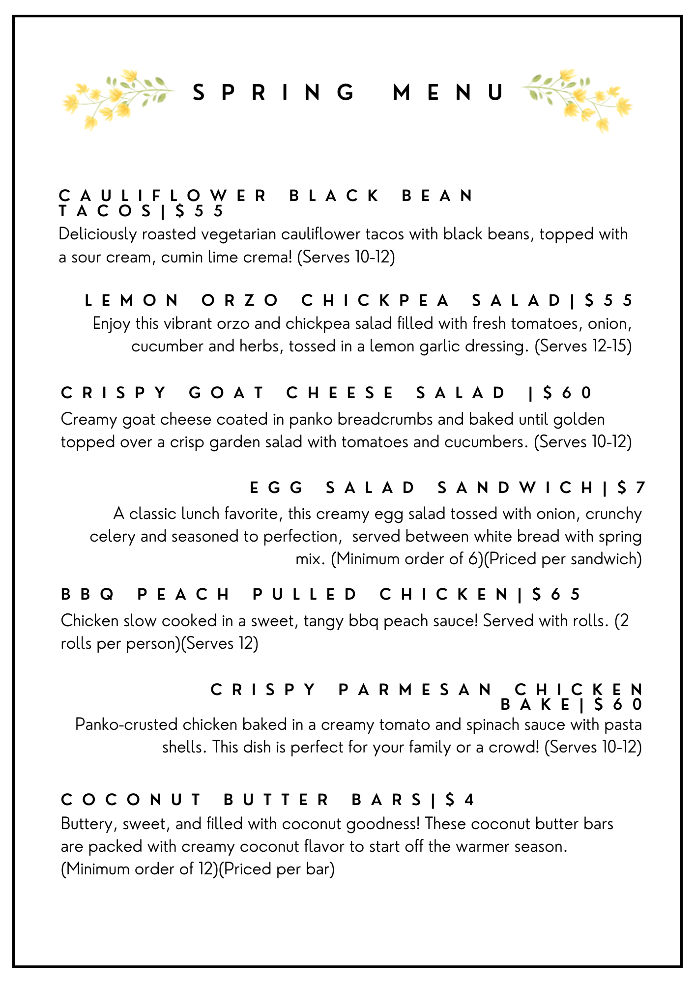 Seasonal Menu — Off the Cuff Catering